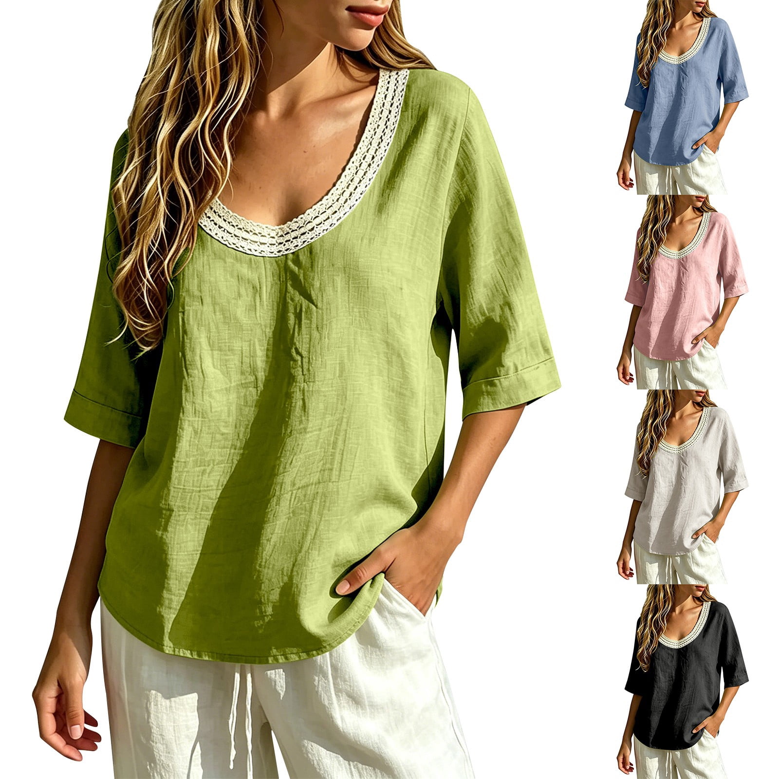 Breezora Women's Summer Lace Trim Cotton Linen Blend Shirts Round Neck ...