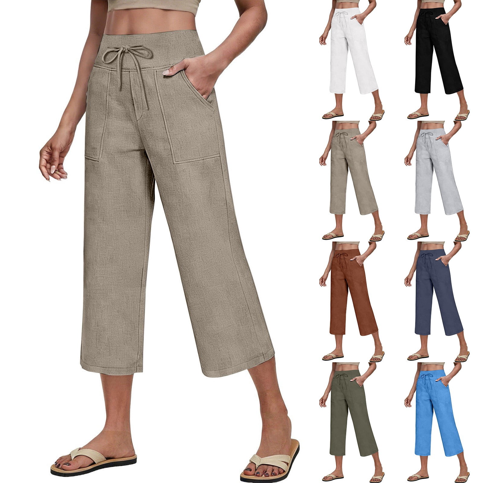Breezora Women's Summer Loose Casual Cotton Linen Cropped Pants Without ...
