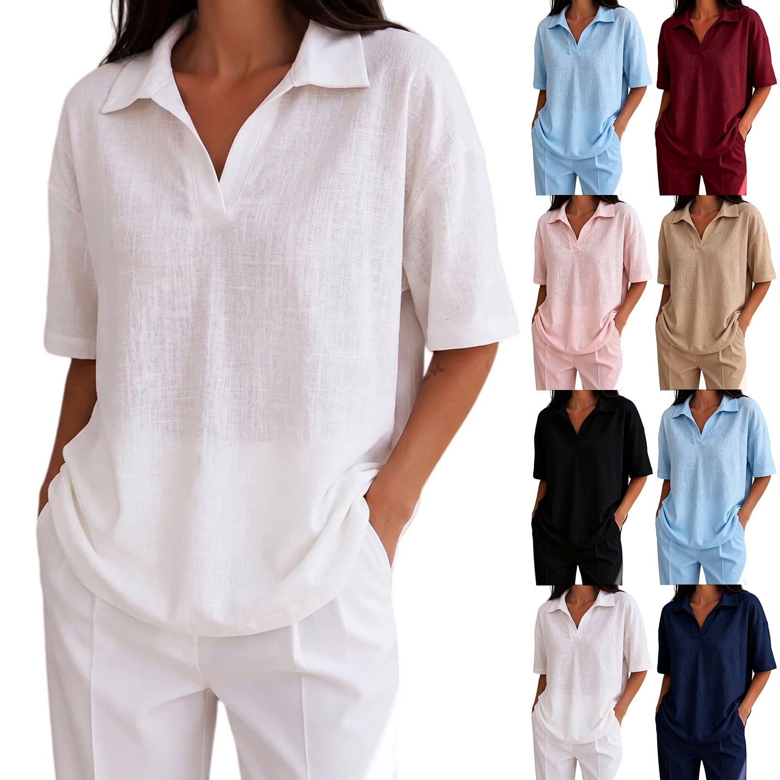 Breezora Women's Summer Polo Shirt Linen Texture Button Down Collared ...