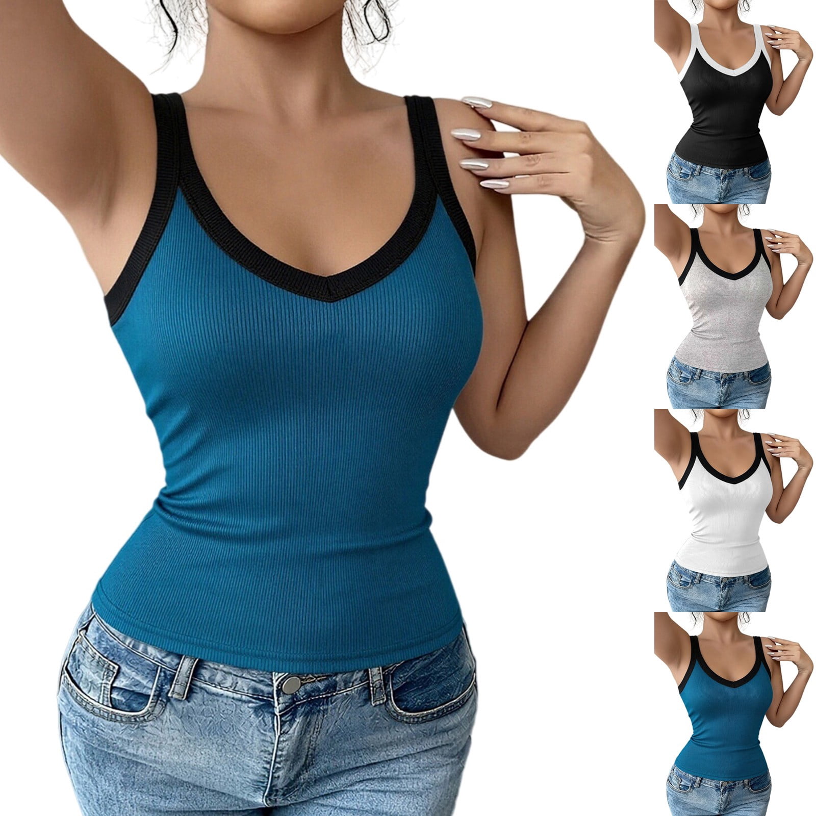 Breezora Women's Summer V Neck Ribbed Knit Tank Top Slim Fit Sleeveless ...