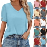 Breezora Women's Summer V Neck Short Sleeve Button Down Blouse Loose ...
