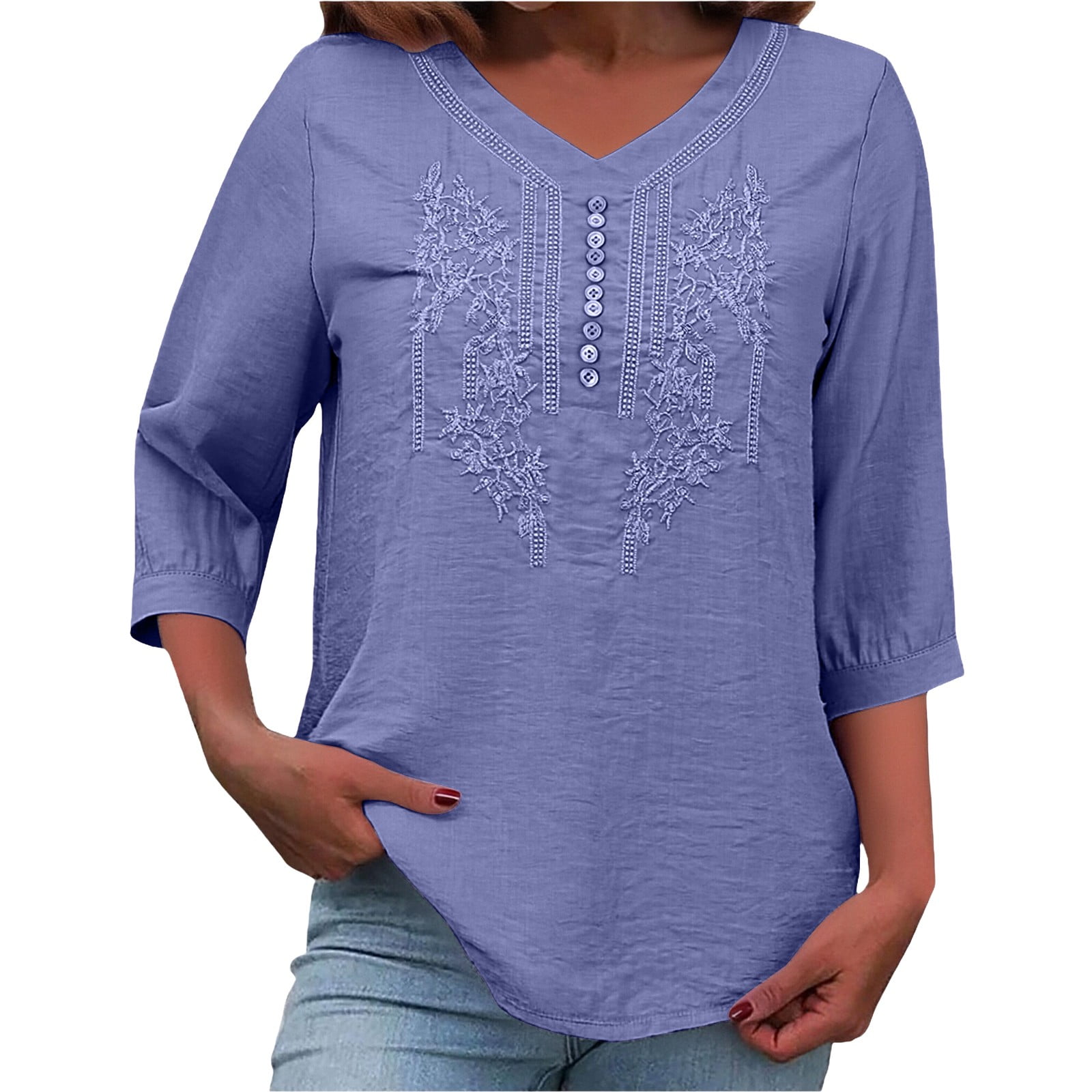 Breezora Women's V Neck Embroidered Loose Fit Tunic Top for Everyday ...