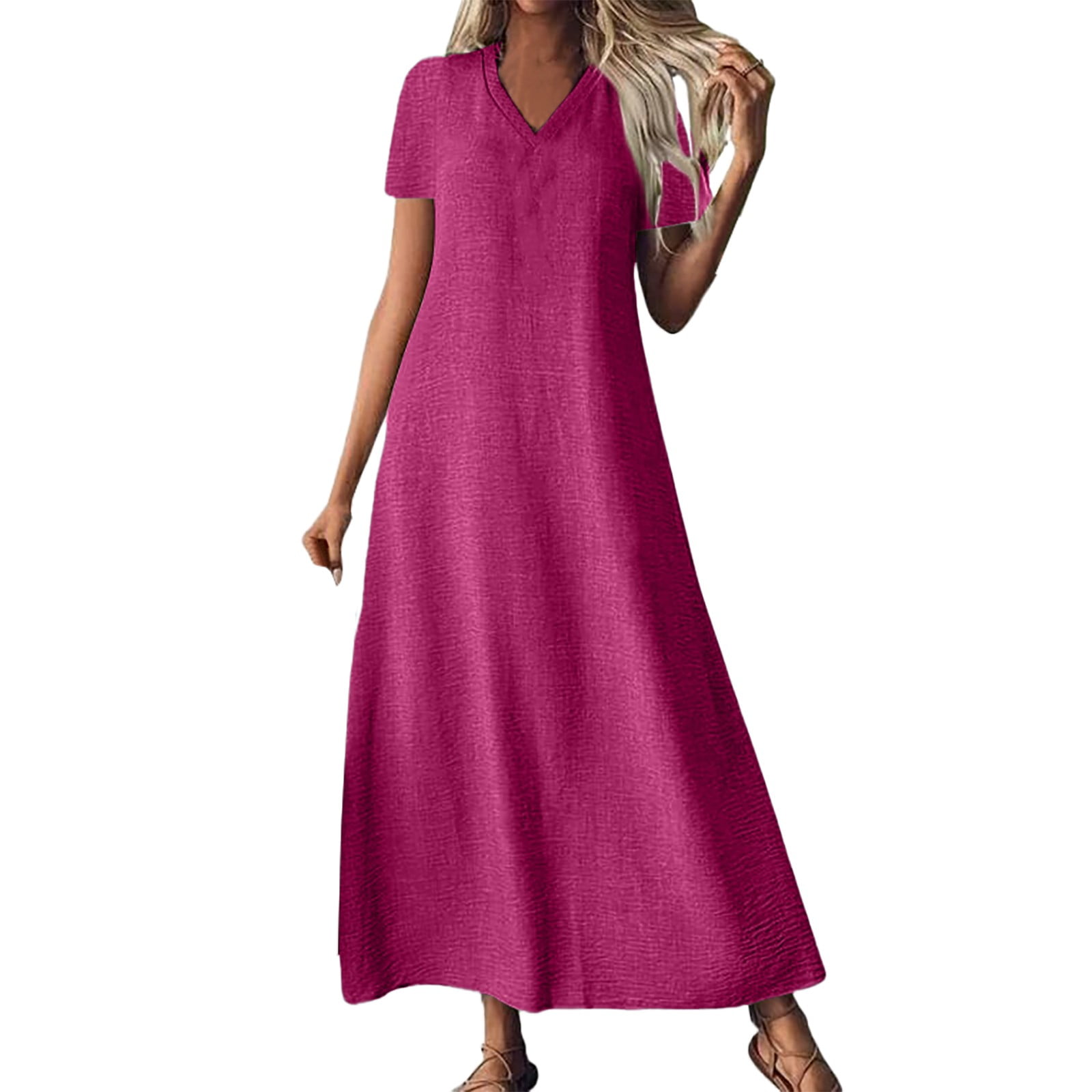 Breezora Women's V Neck Short Sleeve Linen Maxi Dress with Back Zipper ...