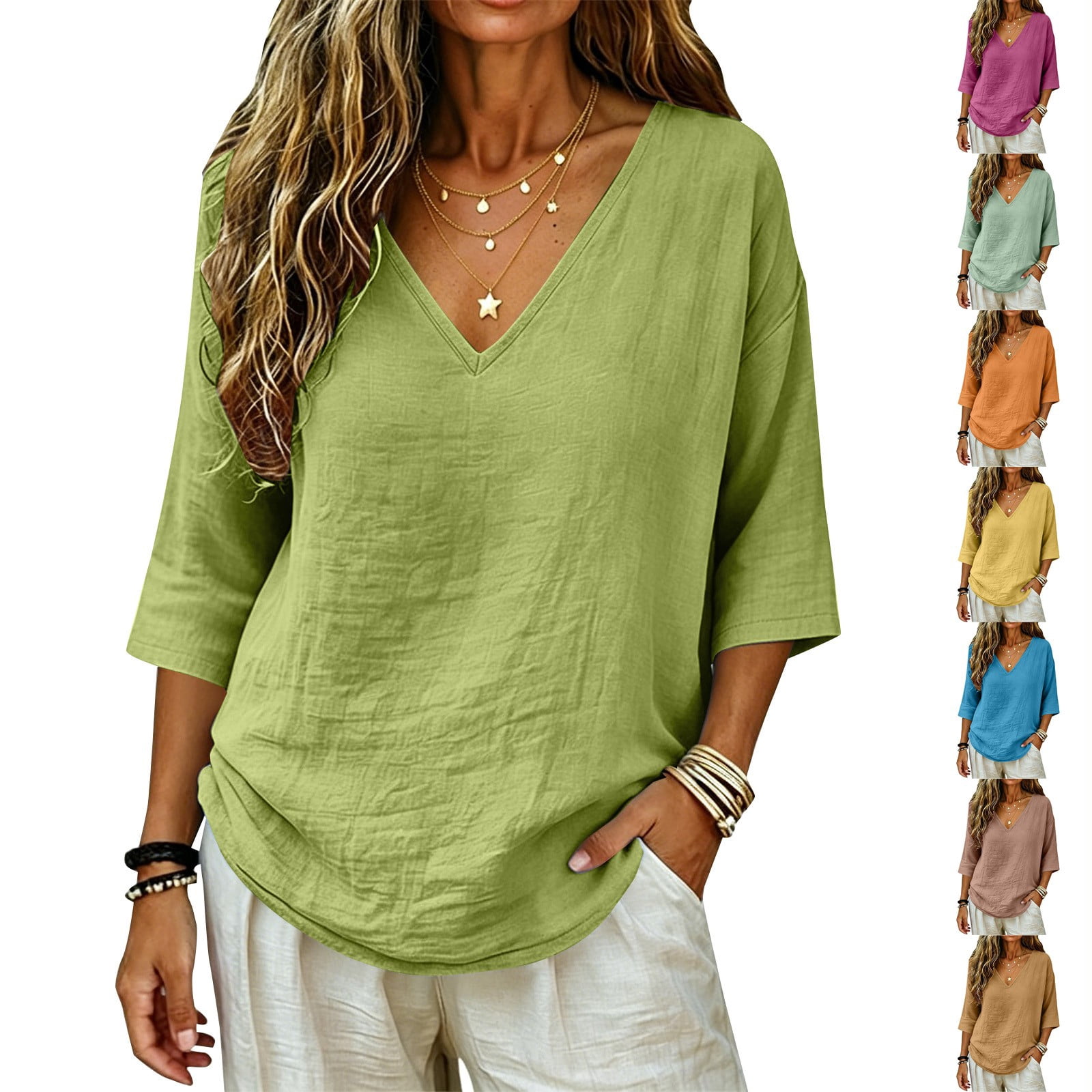 Breezora Women's Washed Crinkle 3/4 Sleeve Blouse - V Neck Cotton Linen ...