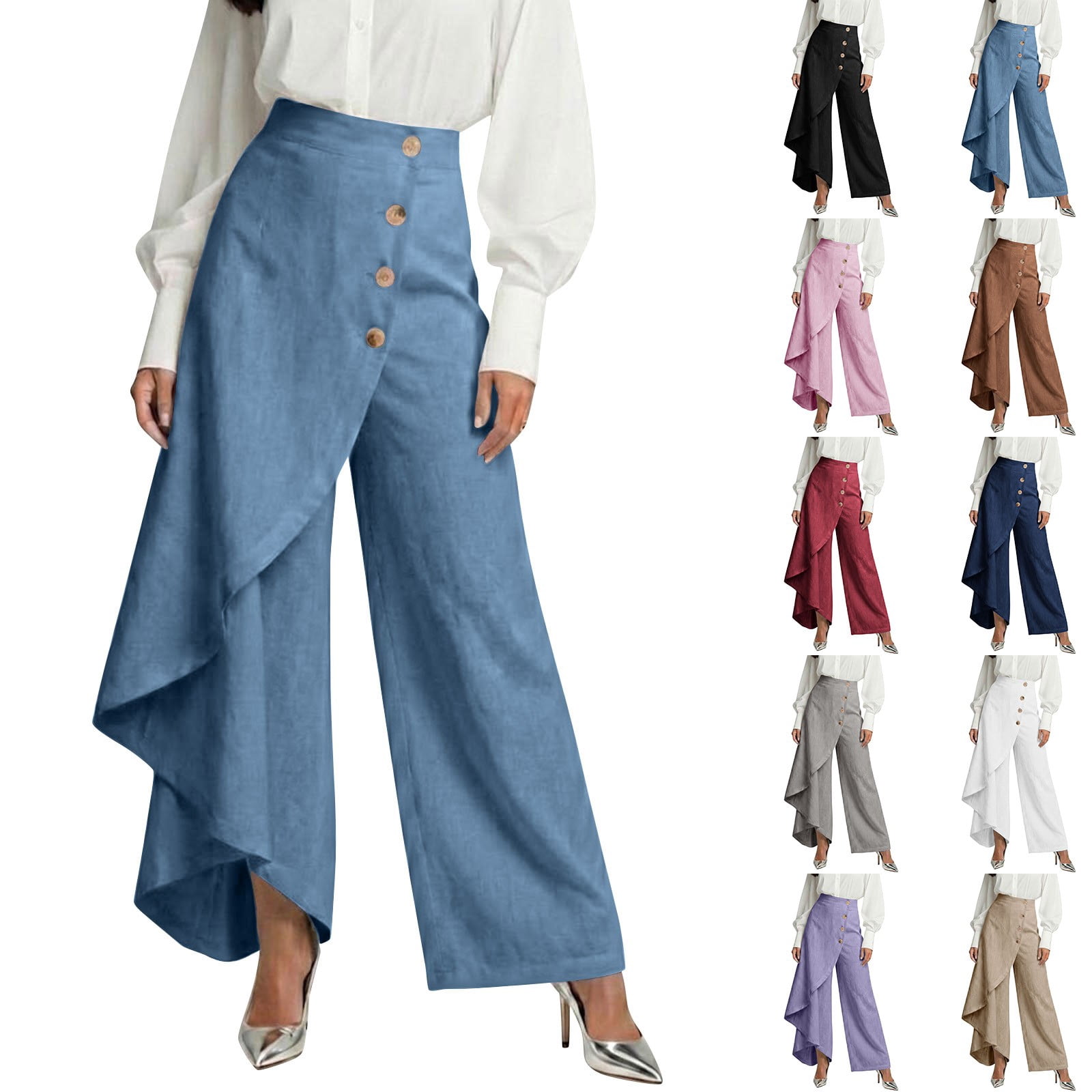 Breezora Women's Wide Leg Linen High Waist Asymmetrical Wrap Button ...