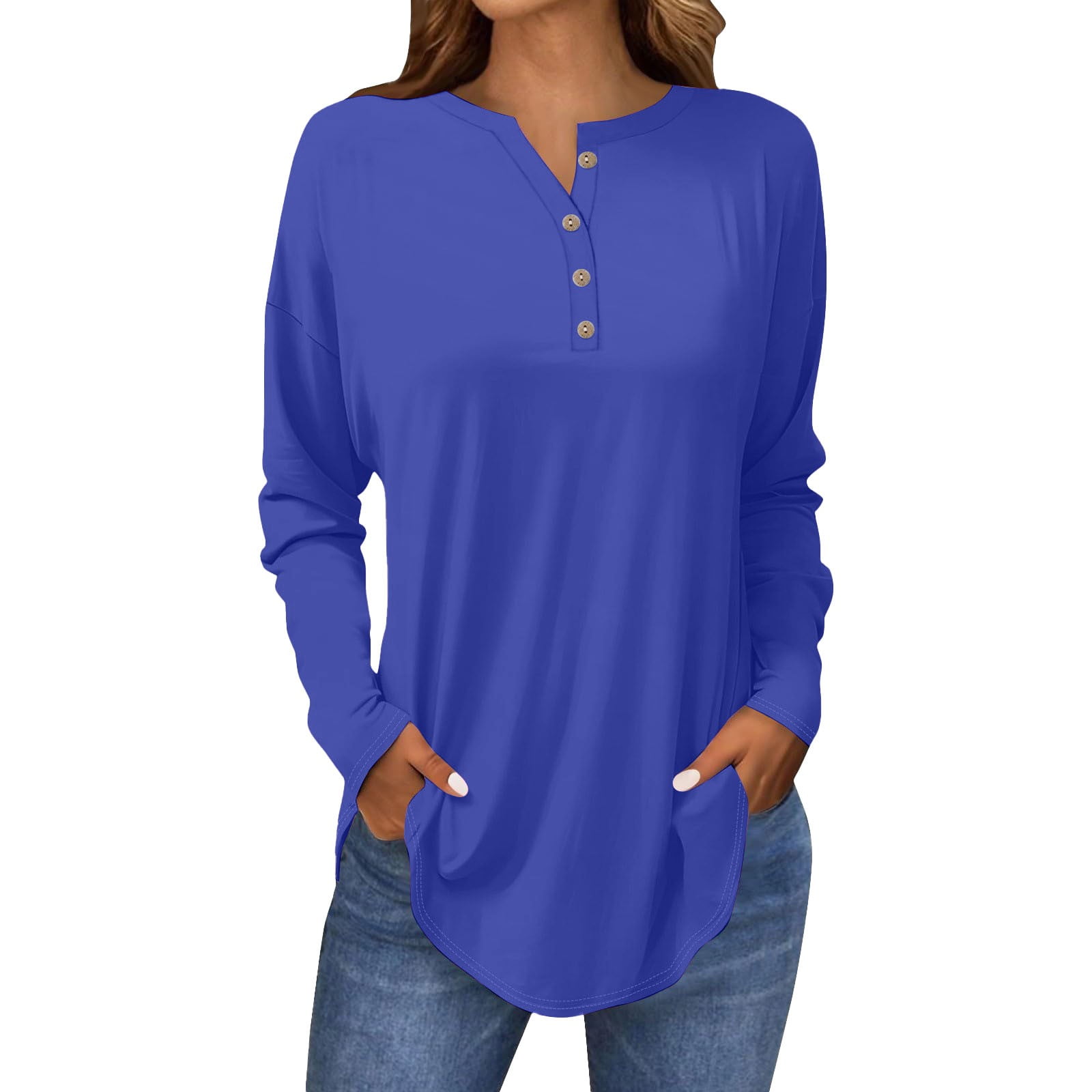 Breezora Womens Long Sleeve V Neck Button Down Shirt with Dropped ...