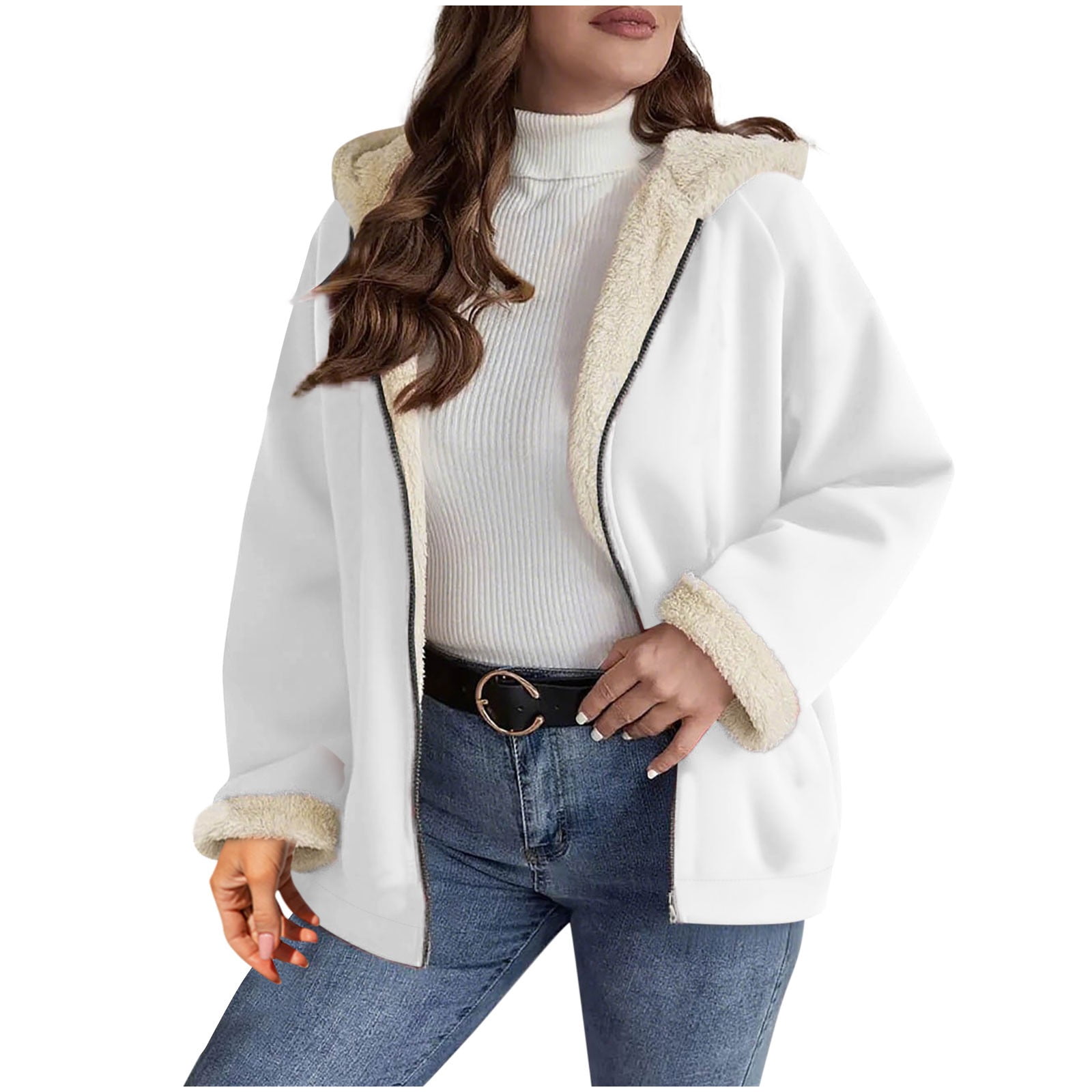 Breezora Womens Loose Fit Plush Fleece Hooded Jacket Autumn Winter ...