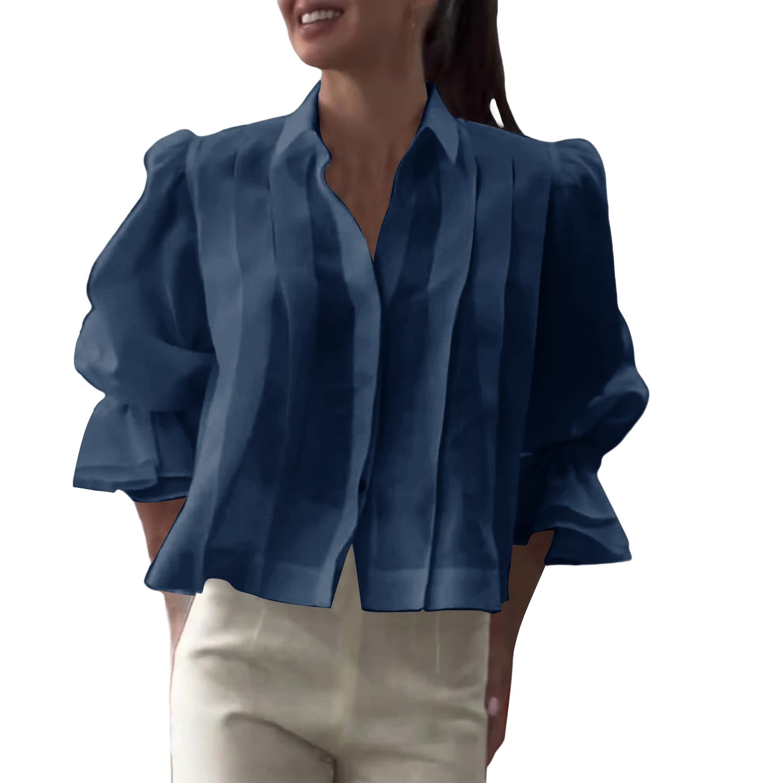 Breezora Womens Puff Sleeve Blouse Relaxed Fit Button Down Top ...