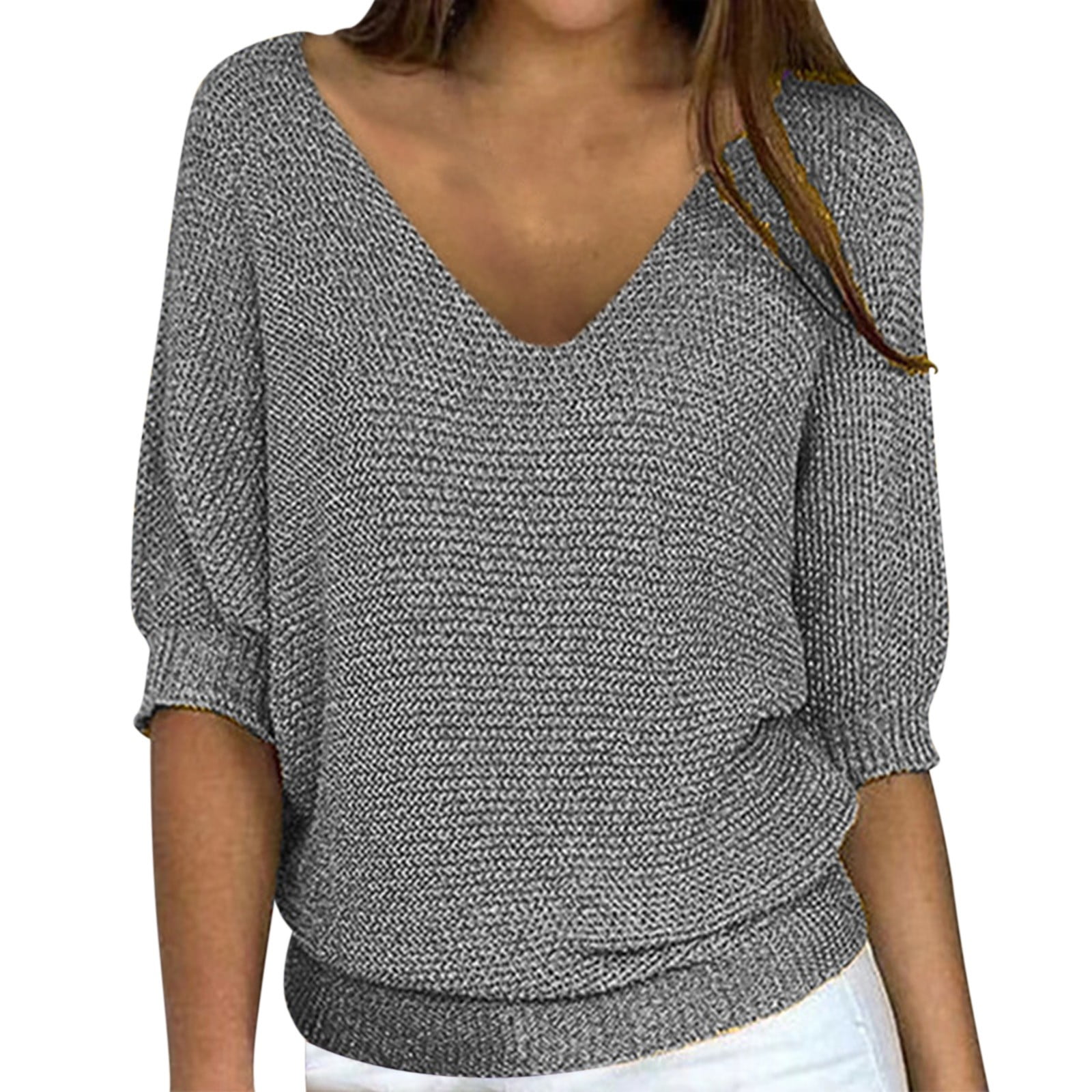 Breezora Womens V Neck 3 4 Sleeve Pullover Sweater Soft Knit Top Casual ...