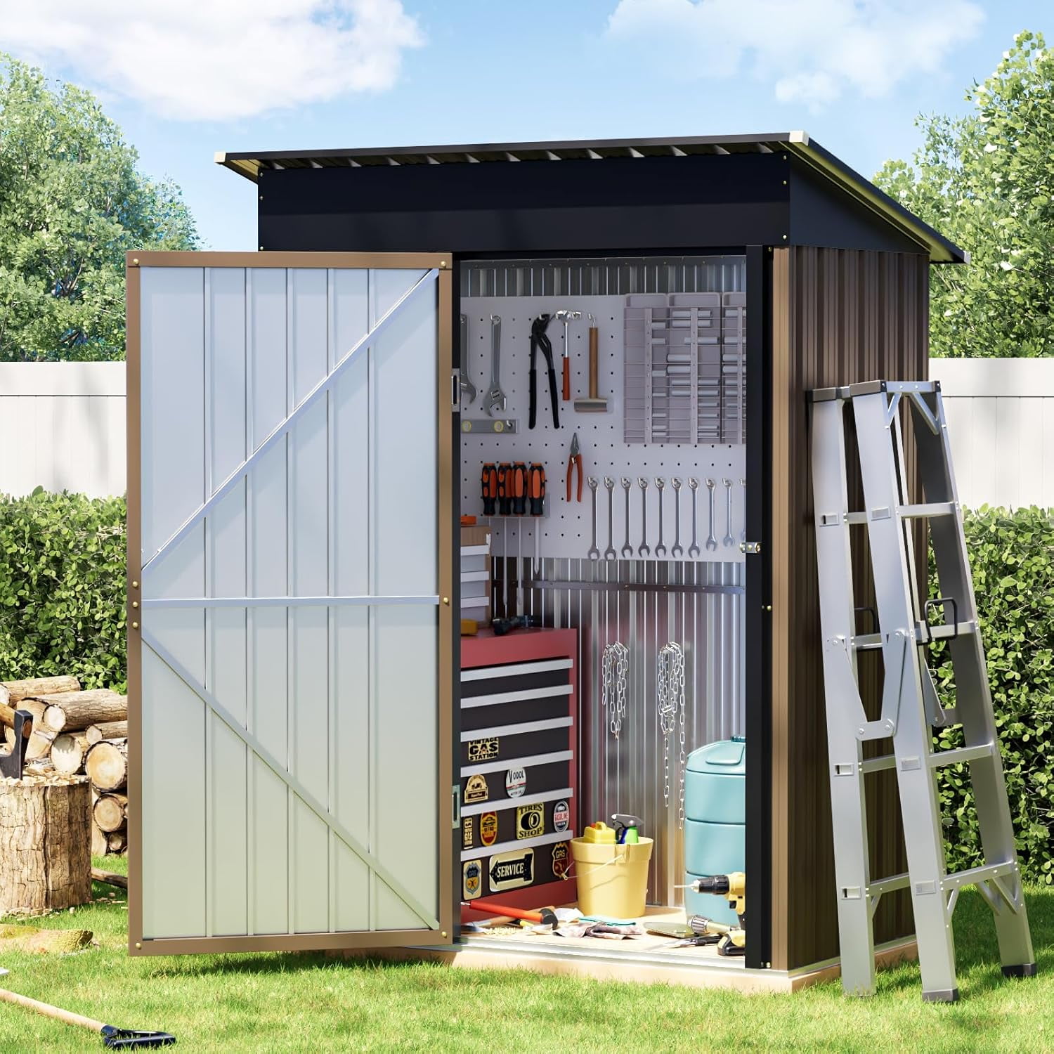 Breezz 5x3FT Vertical Outdoor Steel Storage Shed with Floor Frame ...