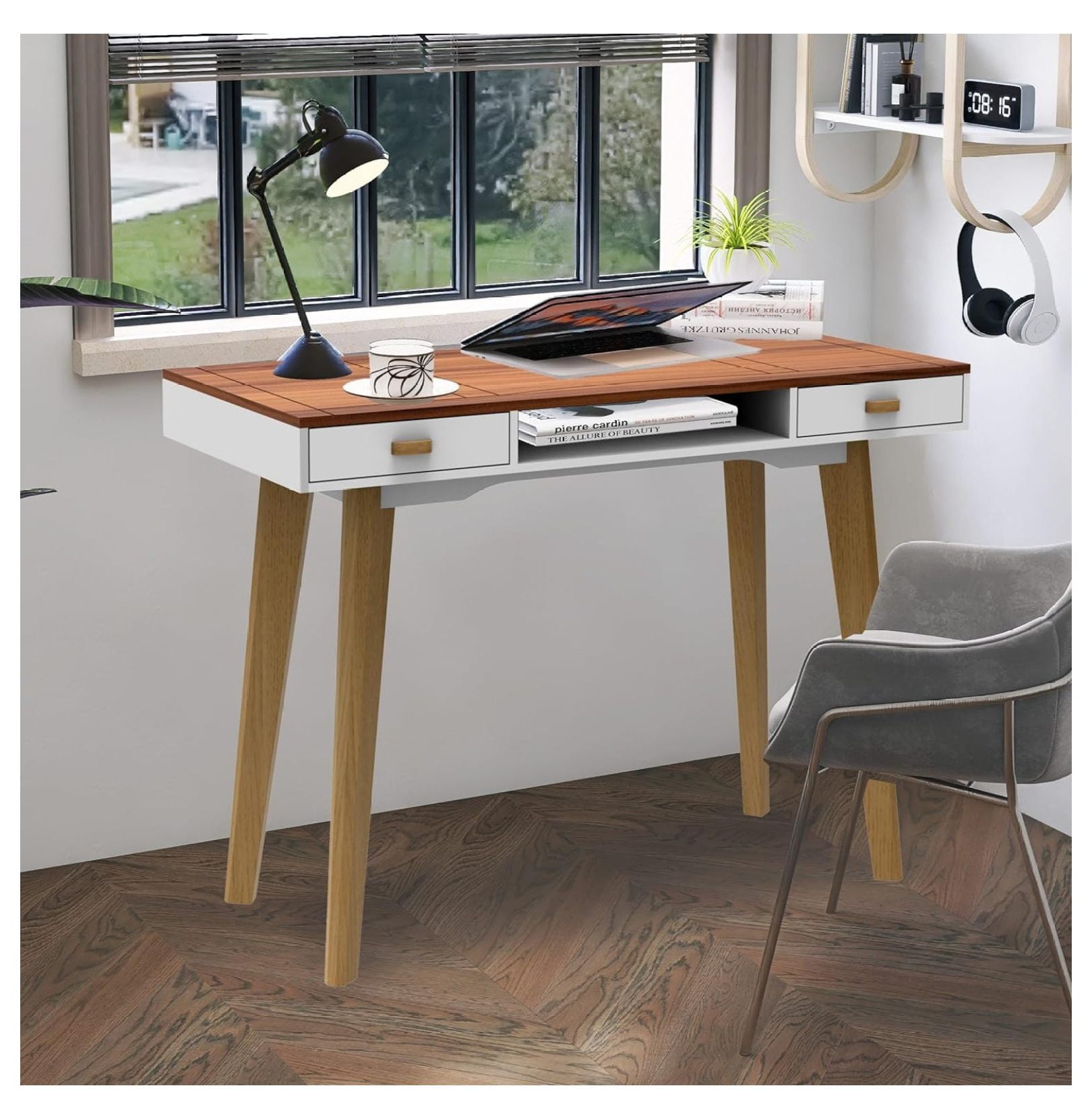 Brefhome Solid Wood Office Desk with 2 Drawers and Opening Storage Cube ...