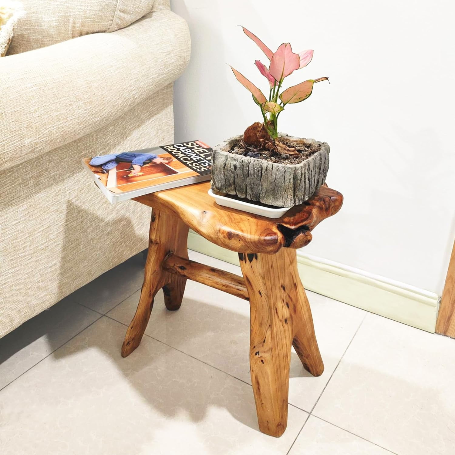 Brefhome Wooden Tree Stump Plant Stand Stool Side Table, Small Natural ...