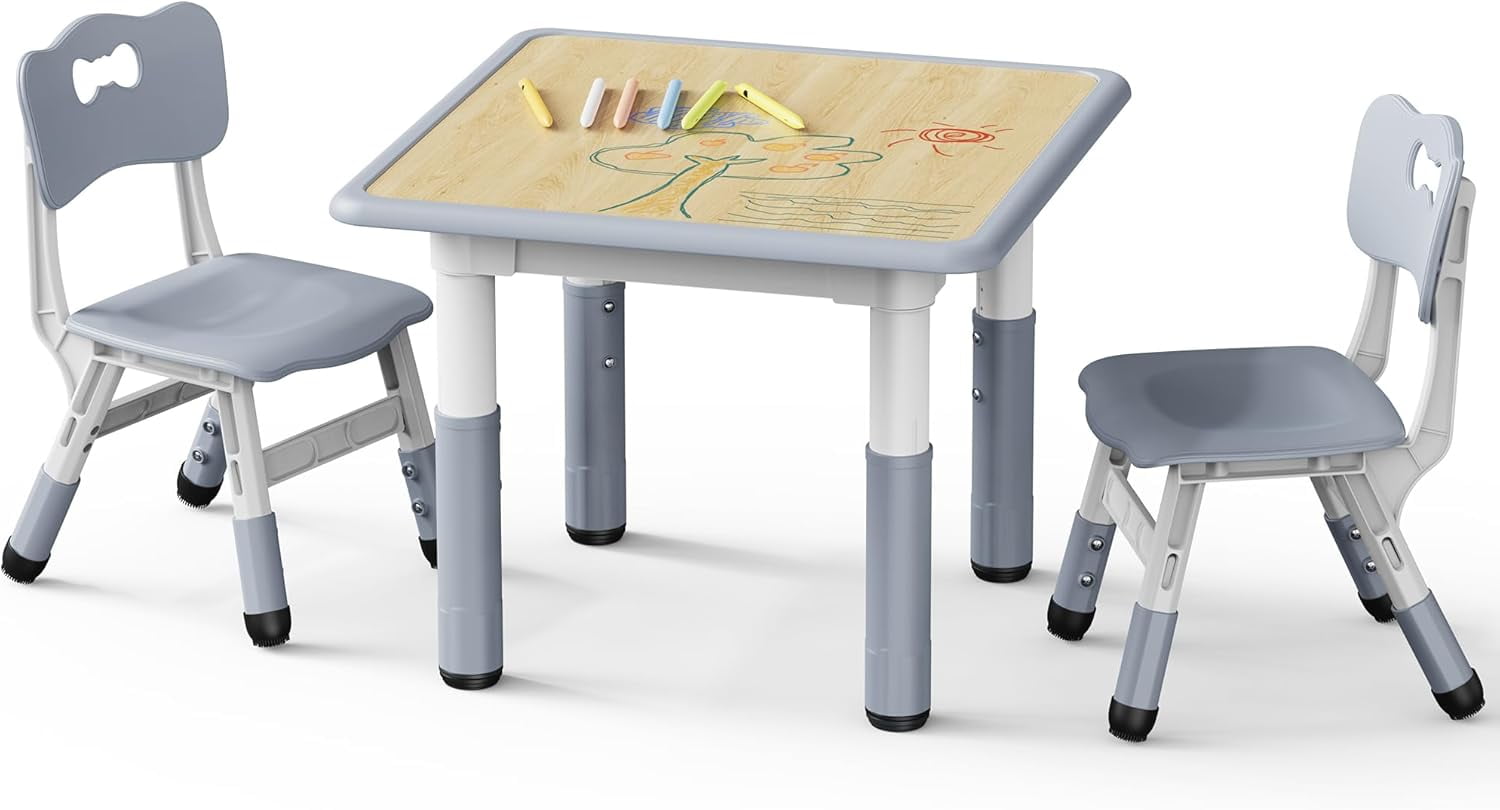 Brelley Kids Table and 2 Chairs Set, Height Adjustable Toddler Desk and ...