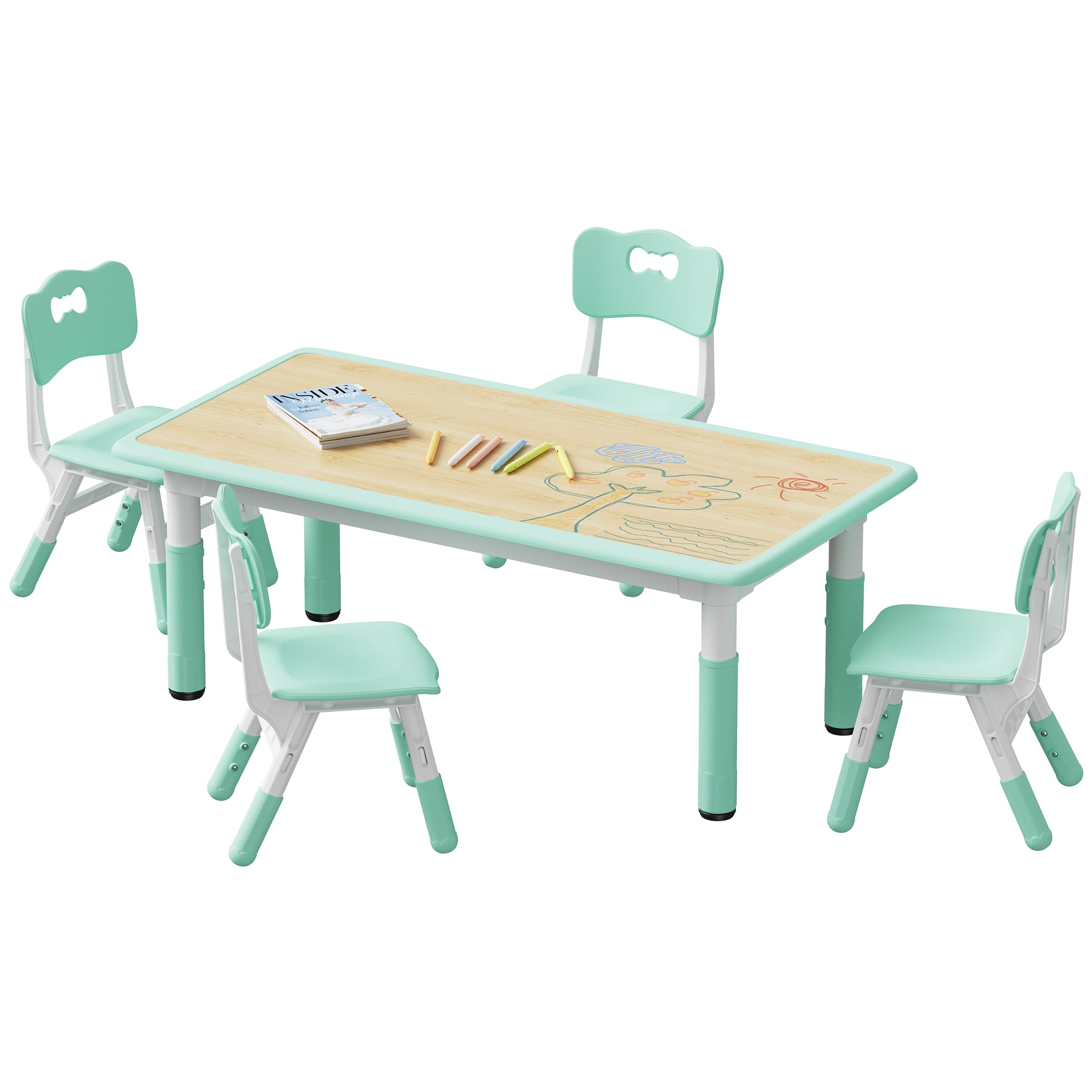 Brelley Kids Table and 4 Chairs Set Green, Height Adjustable, Suit for ...