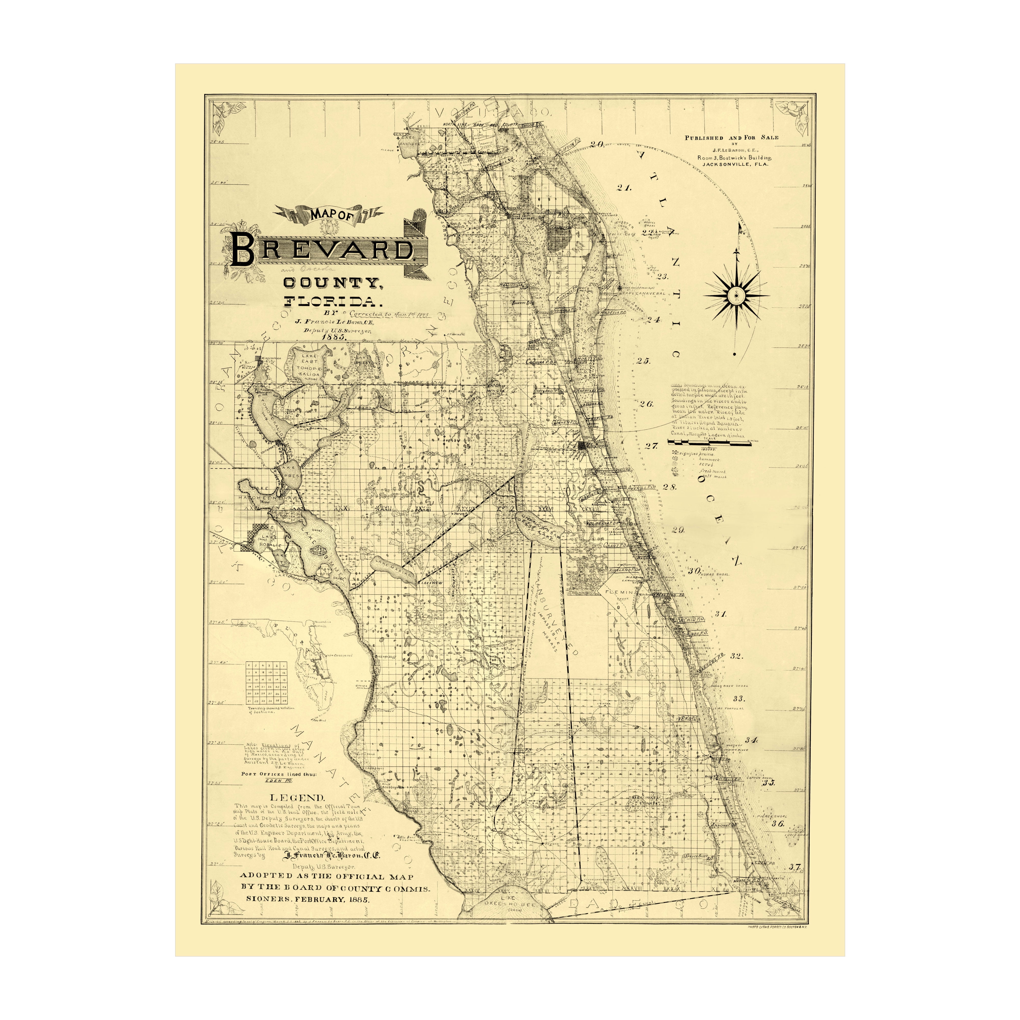 Brevard County Florida Art, 1893 Vintage Map of Brevard County FL ...
