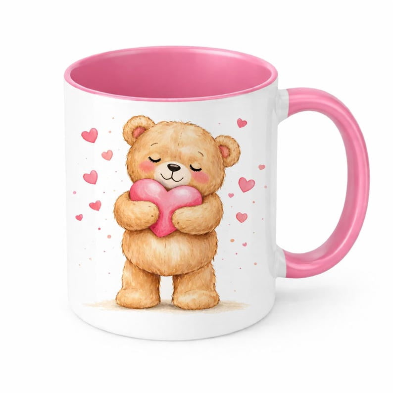 Brew Crew Gif Love Heart Teddy Bear Mug White Ceramic Coffee Gift Pink ...