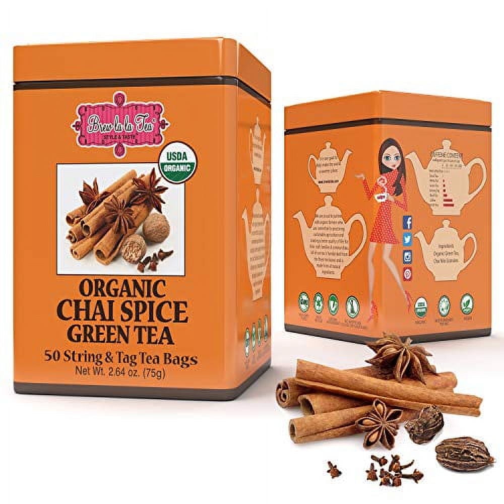 Brew La La Organic Green Tea - Chai Spice Flavor - 50 Tea Bag Tin - Low ...