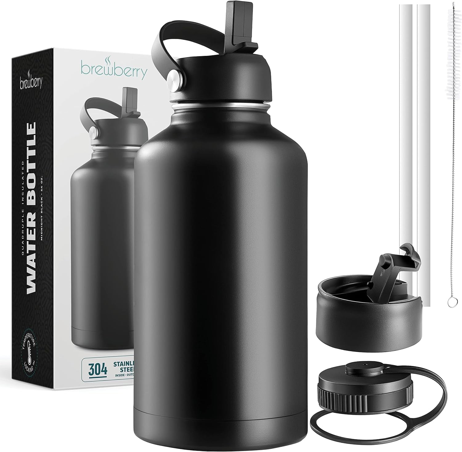 Brewberry 64oz Stainless Steel Sports Bottle, Hot/Cold, BPA Free, Leak ...