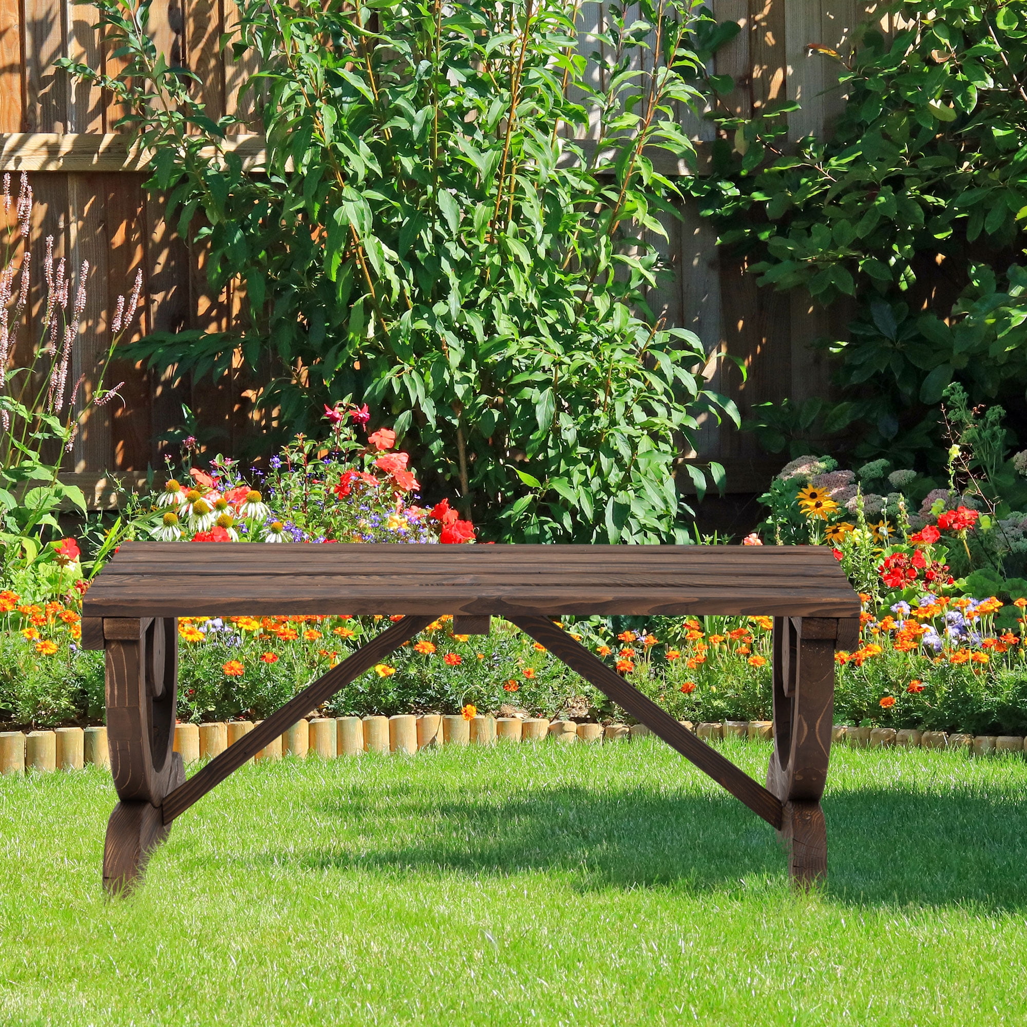 Brezey 2-Person Wood Outdoor Garden Bench with Charming Wagon Wheel Leg ...