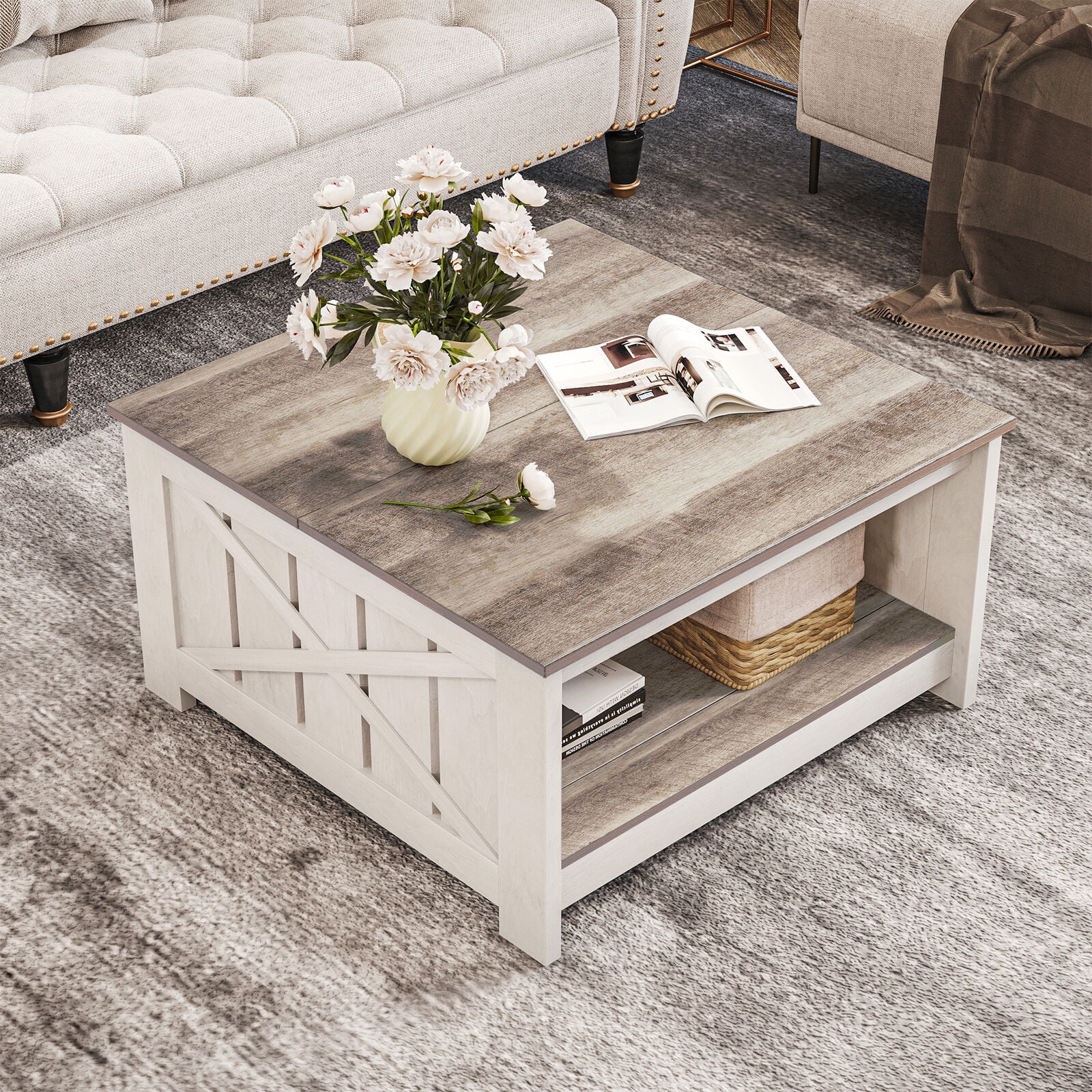Brezey Coffee Table Farmhouse Coffee Table with Storage Rustic Wood ...