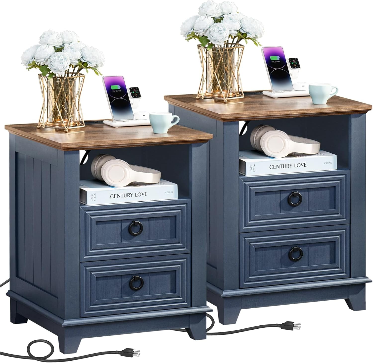 Brezey Farmhouse Night Stand with Charging Station, 2 Drawers End Table ...