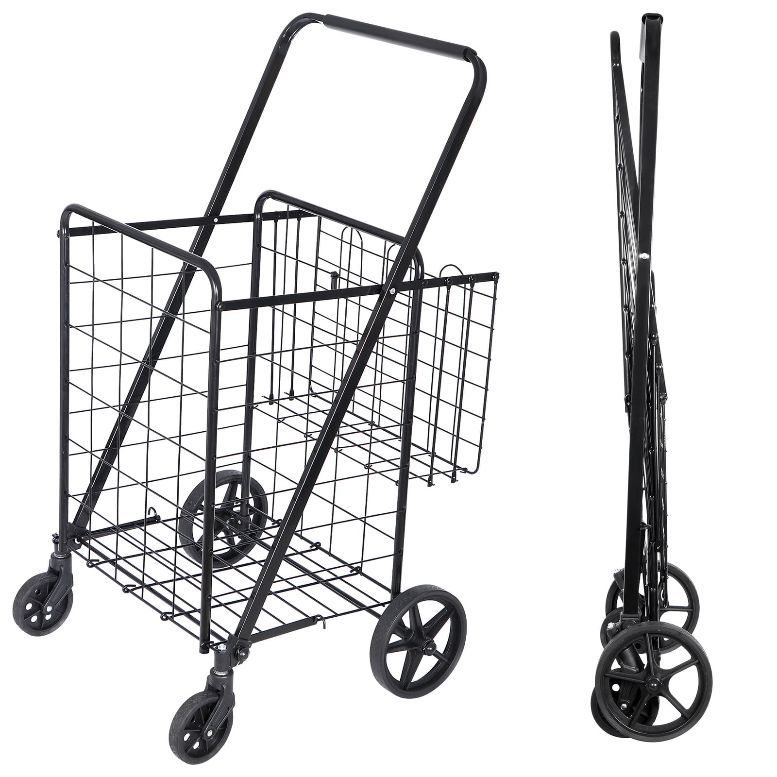 Brezey Folding Metal Shopping Cart with Wheels – 110lbs Heavy-Duty ...