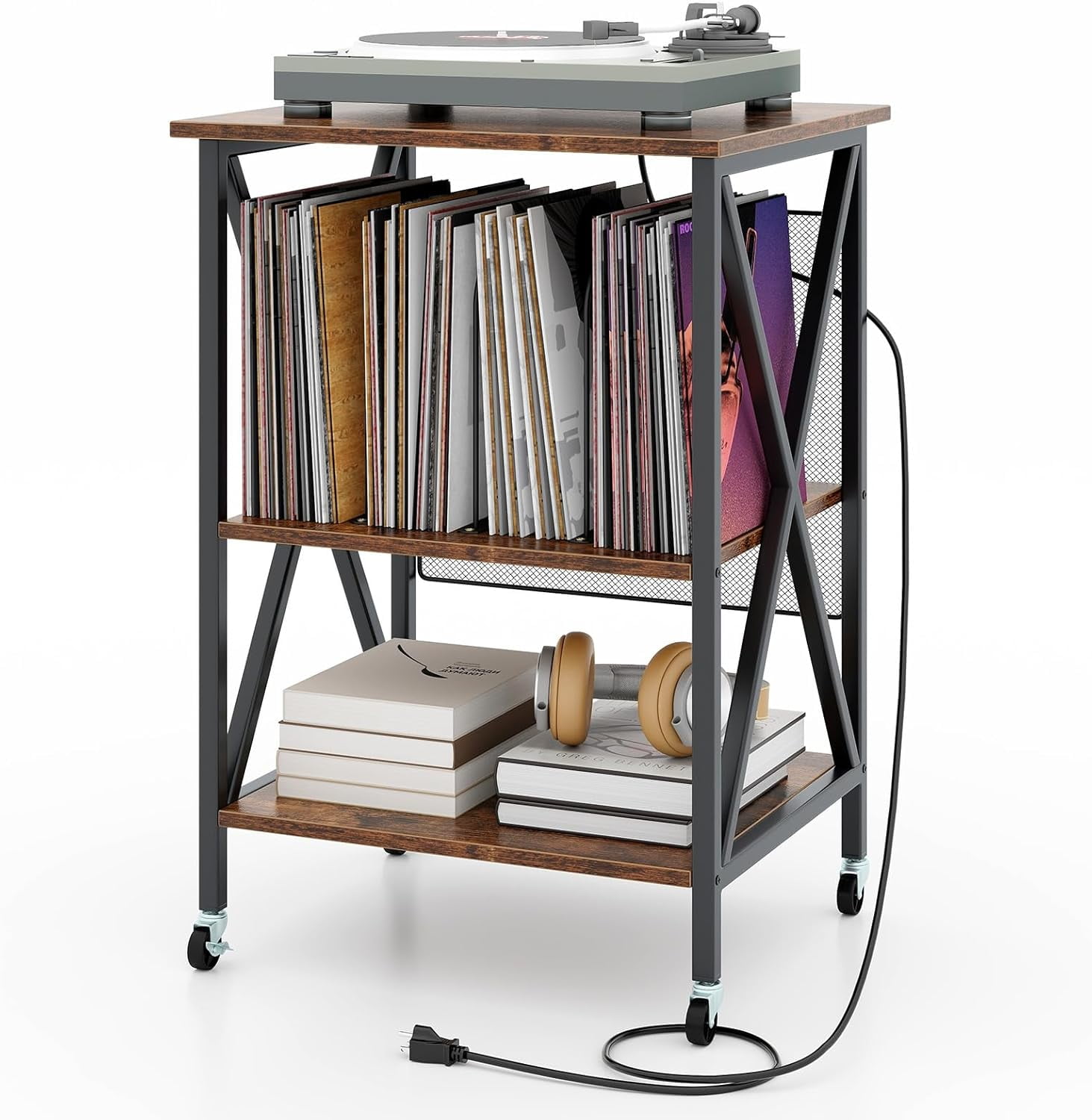 Brezey Record Player Stand with Charging Station, Turntable Stand with ...