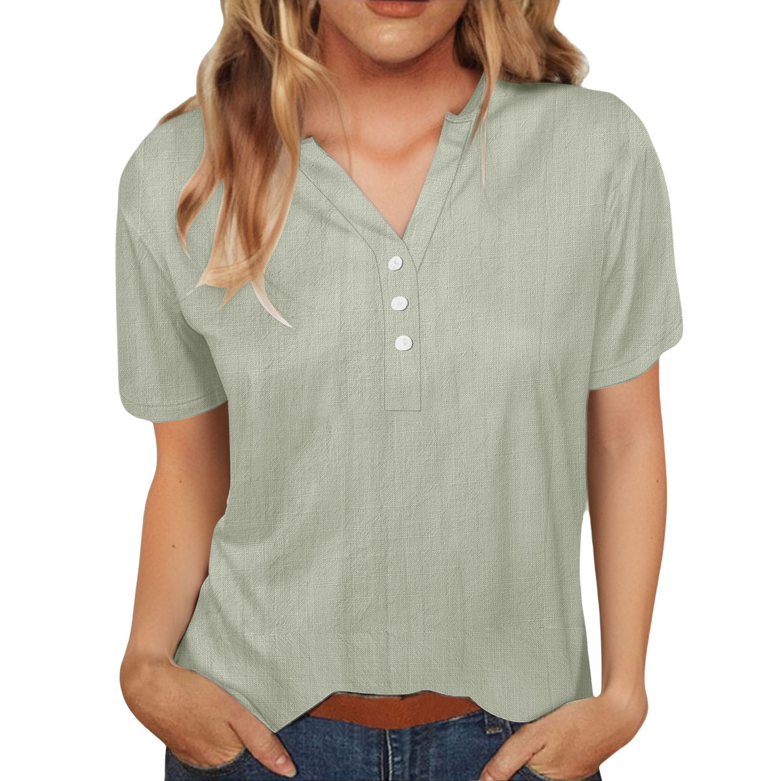 Brglopf Cotton Linen Shirts for Women V Neck Button Down Blouse Short ...