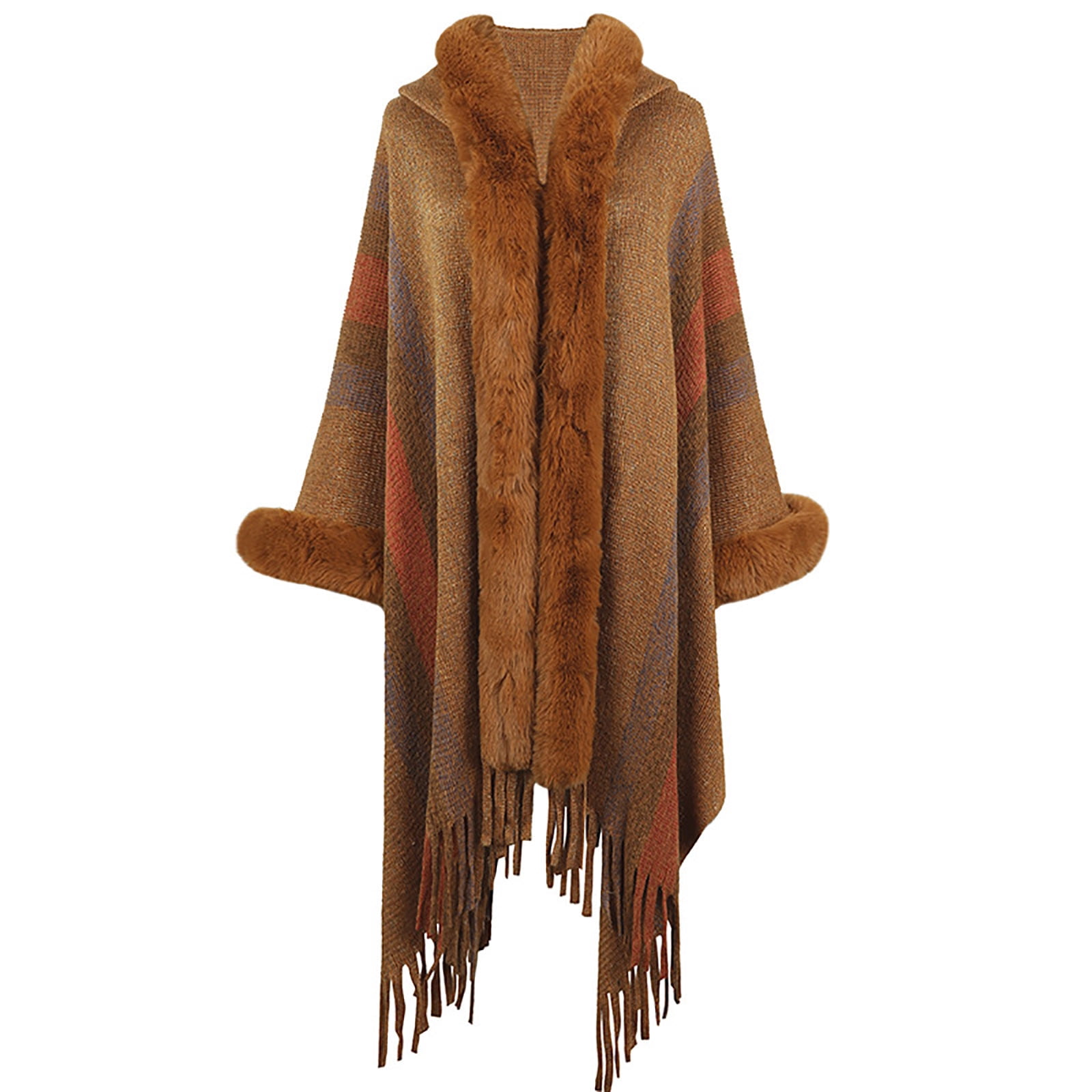 Brglopf Faux Fur Shawl Wraps for Women Open Front Striped Fringed ...