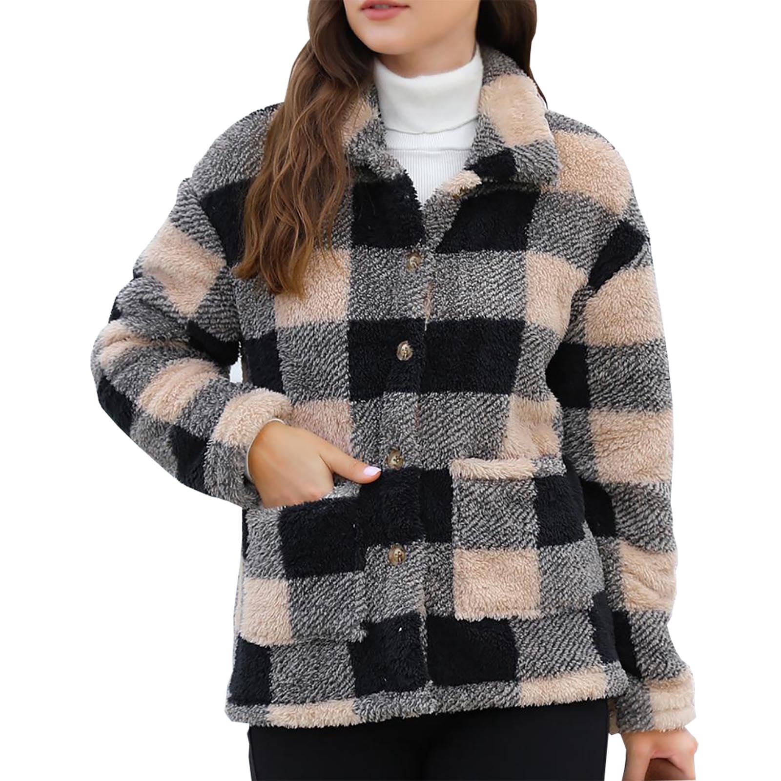 Brglopf Fuzzy Sherpa Fleece Jackets for Women Casual Lapel Button Down ...