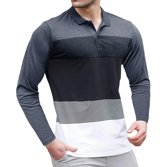 Brglopf Men's Polo Shirts Fashion Color Block Striped Casual Long ...