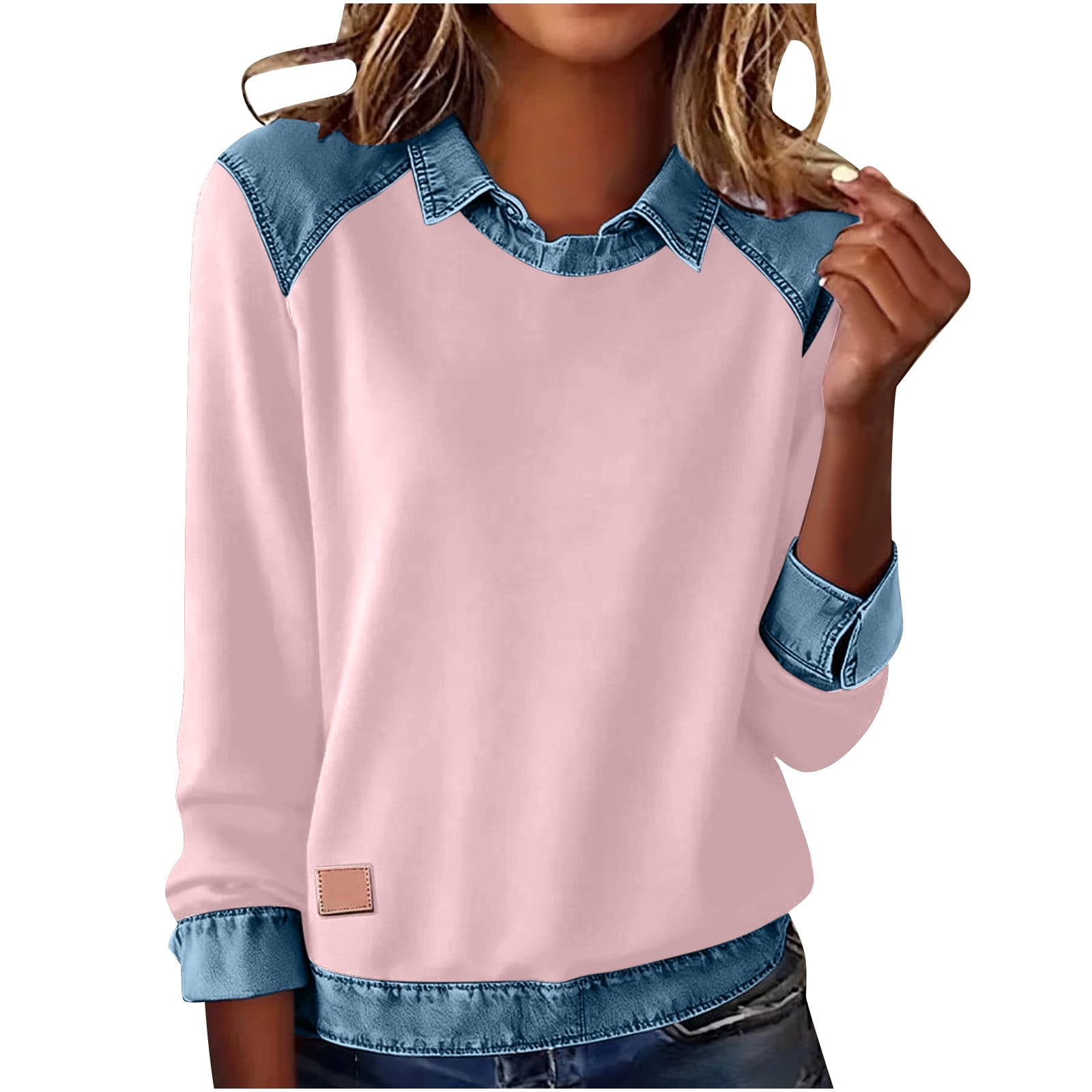 Brglopf Trendy Long Sleeve Shirts for Women Denim Collar Patchwork ...