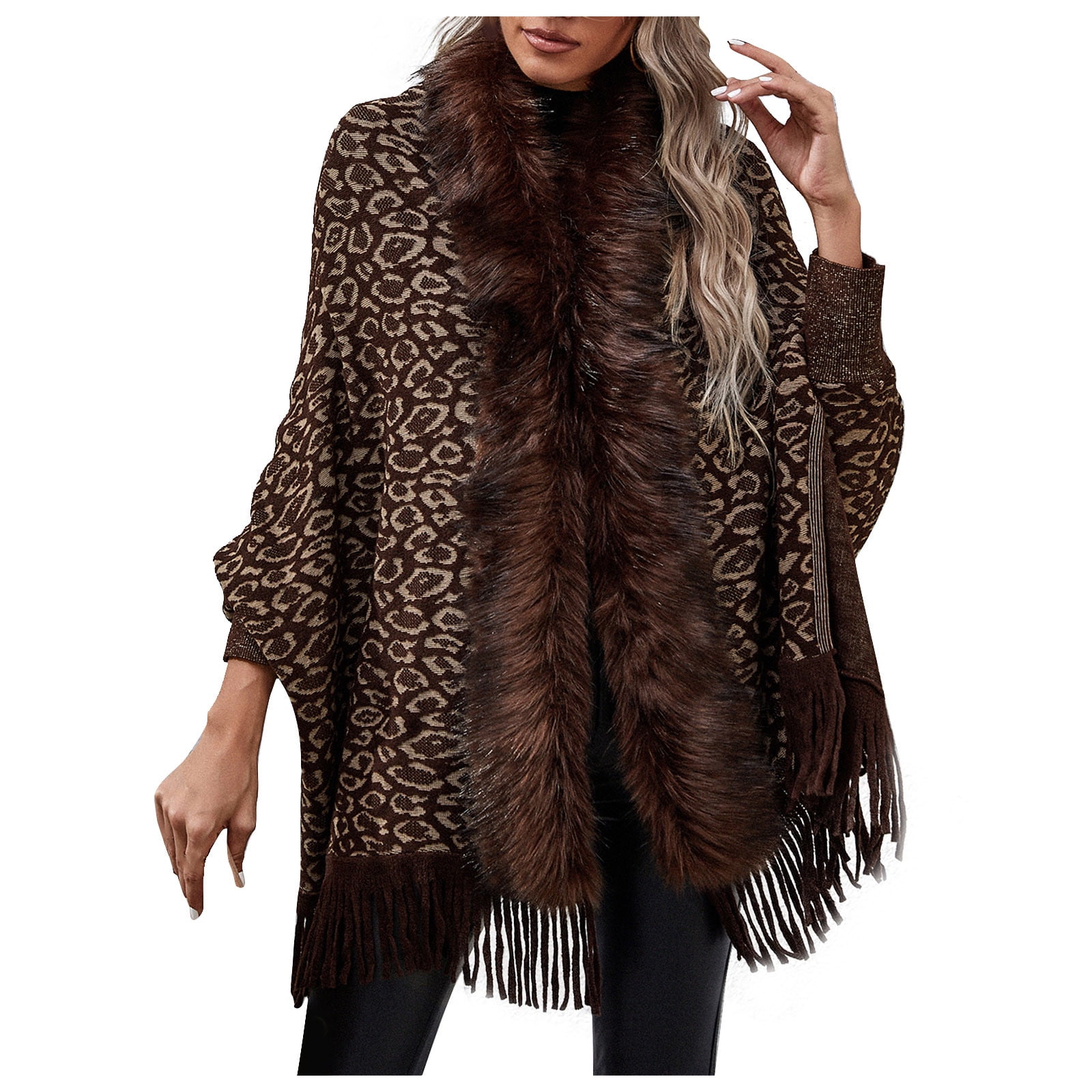 Brglopf Women Warm Faux Fur Shawl Wraps Leopard Print Cloak Coat Trendy ...