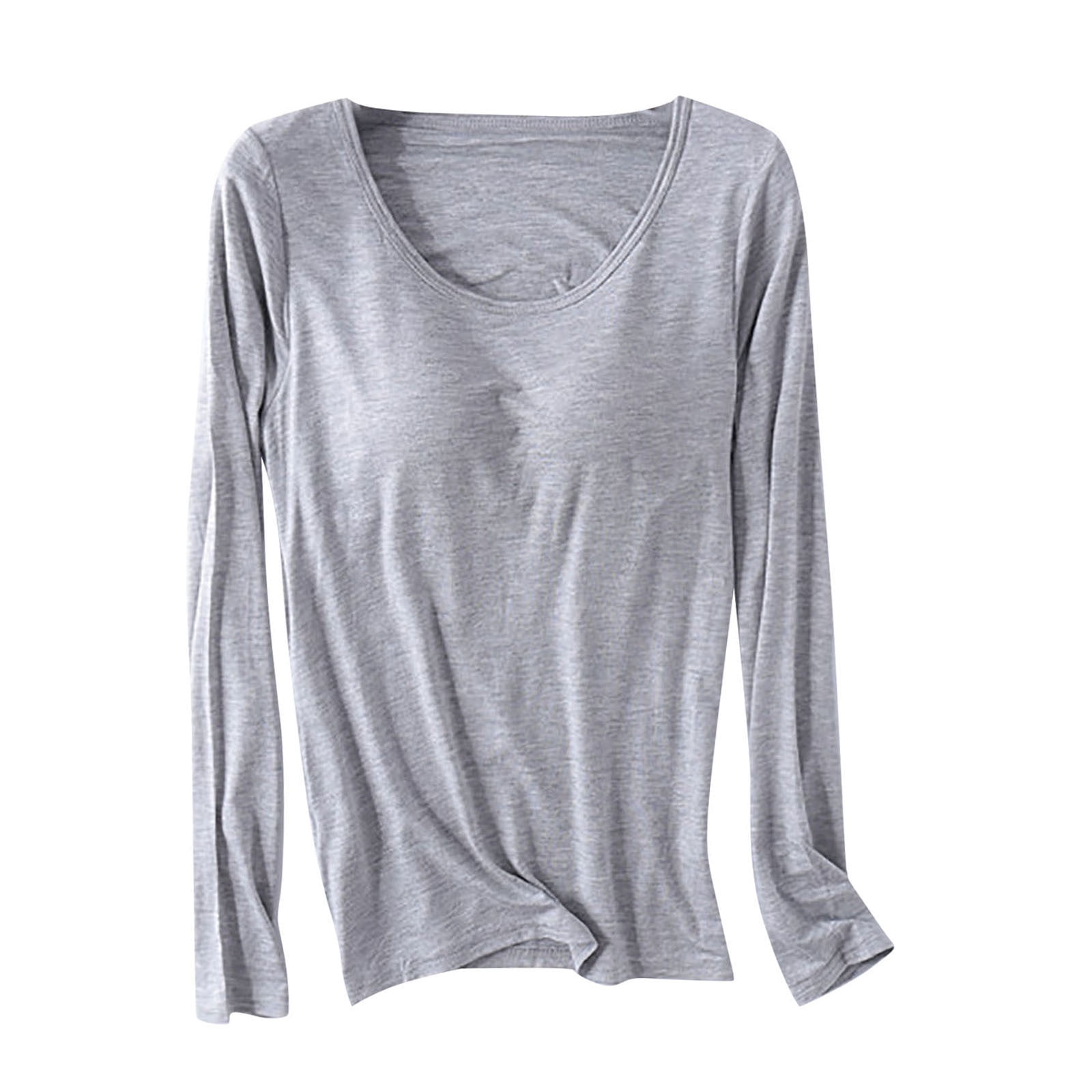 Ahdbta Women’s Baselayer Tshirts with Built in Bra Scoop Neck Long ...