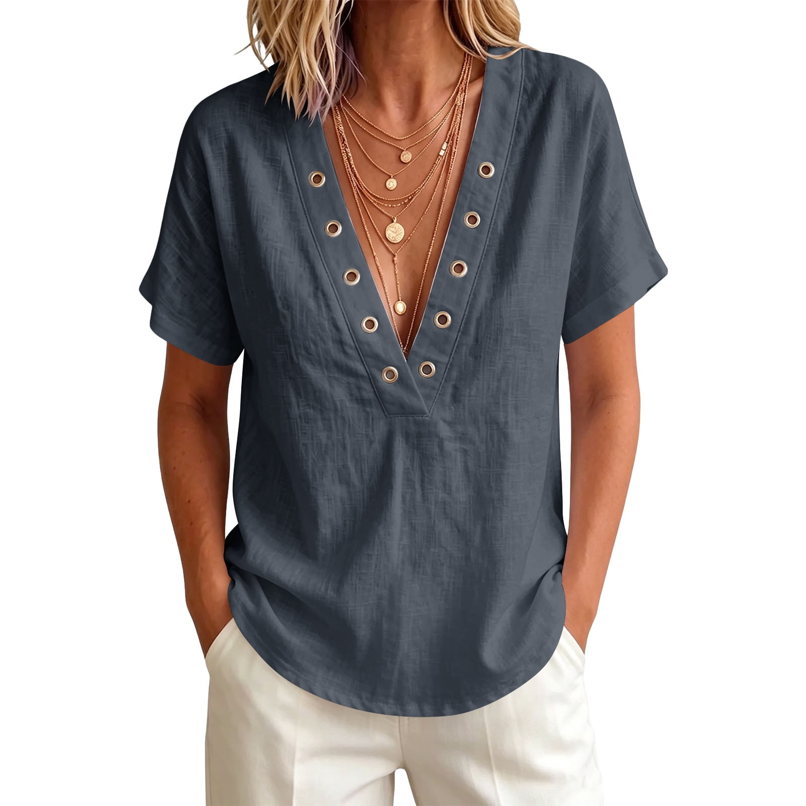 Brglopf Women's Cutout Tops Summer Metal Hollow Out Basic T Shirts ...