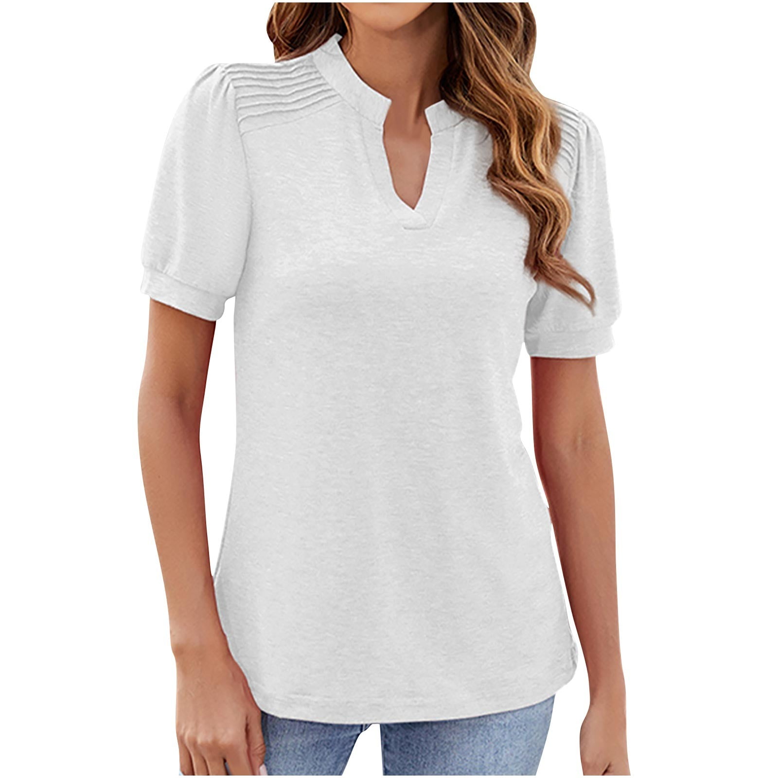 Brglopf Women's Puff Short Sleeve Tunic Tops Pleated V-Neck Summer Work ...