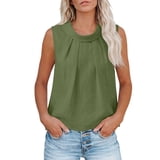 Brglopf Womens Cotton Linen Tank Tops Pleated Ftont Crew Neck Casual ...