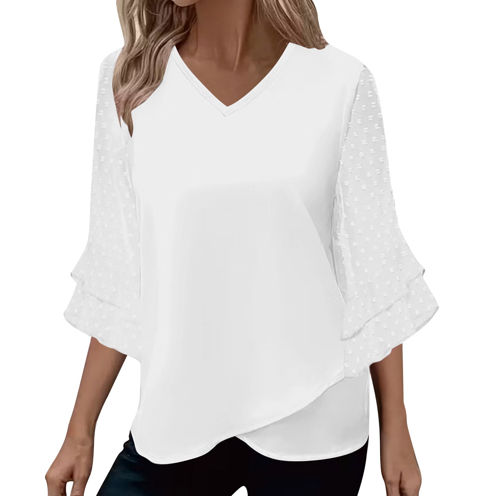 Brglopf Womens Dressy Blouse Ruffle Bell 3/4 Sleeve V-Neck Work Shirts ...