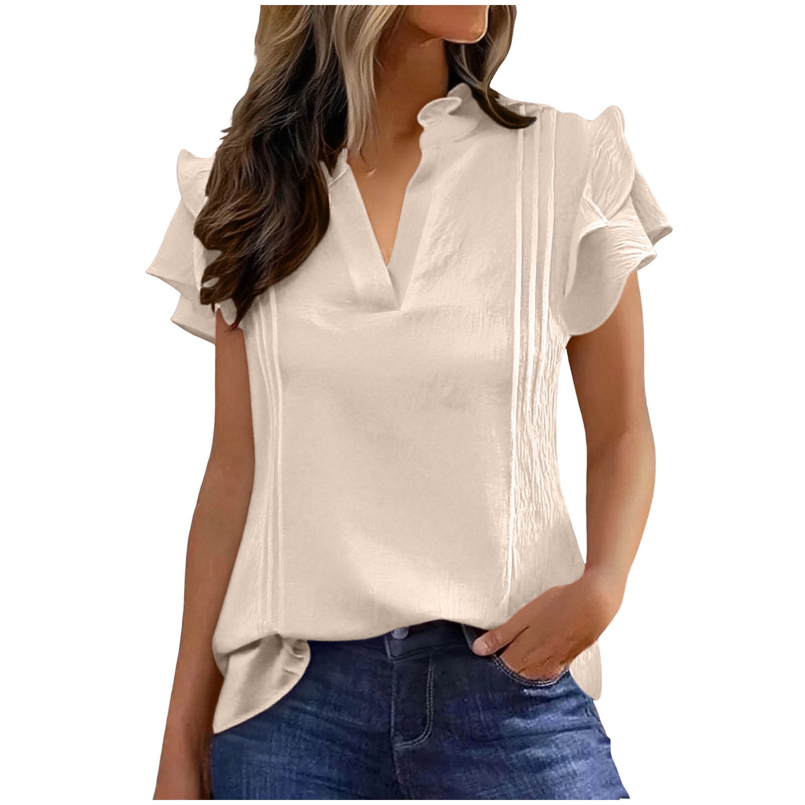 Brglopf Womens Dressy Casual Shirts Ruffle Short Sleeve V Neck Work ...