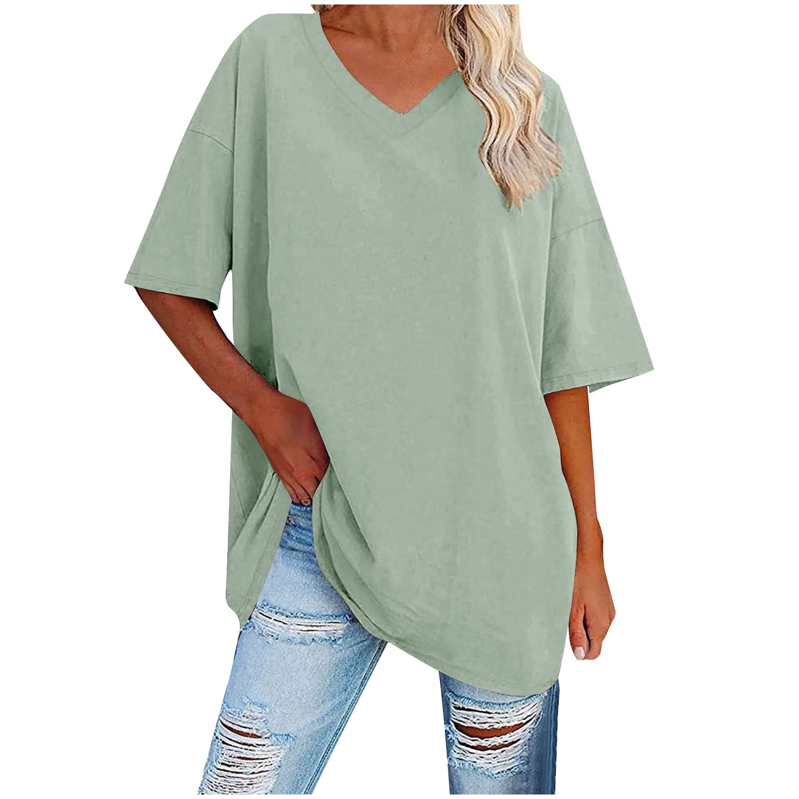 Brglopf Womens Oversized Tshirts V Neck Tee Shirts Half Sleeve Loose ...