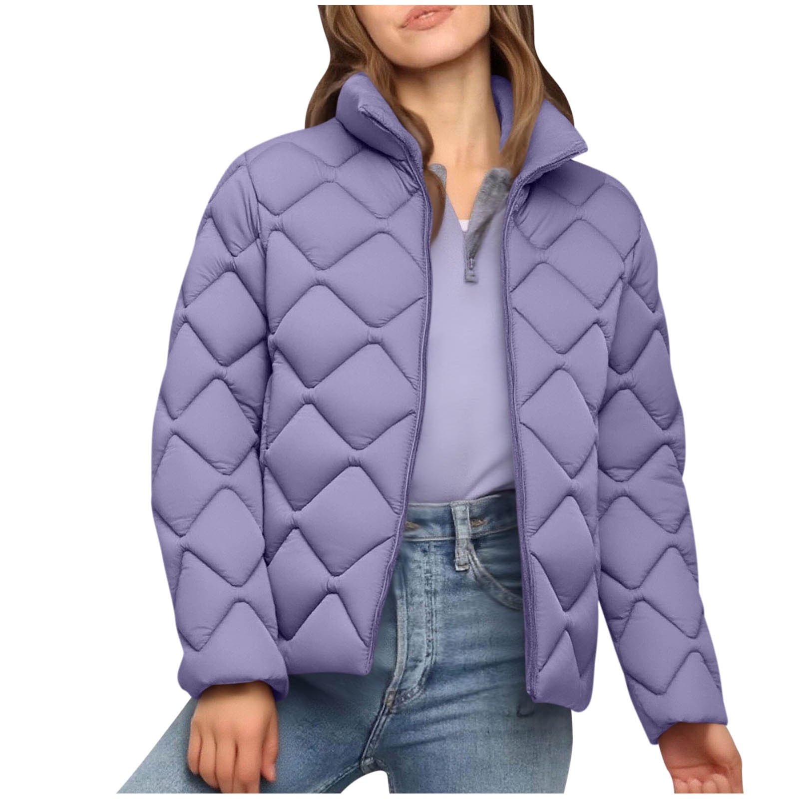 Brglopf Womens Quilted Puffer Jacket Full Zip Stand Collar Down Coat ...