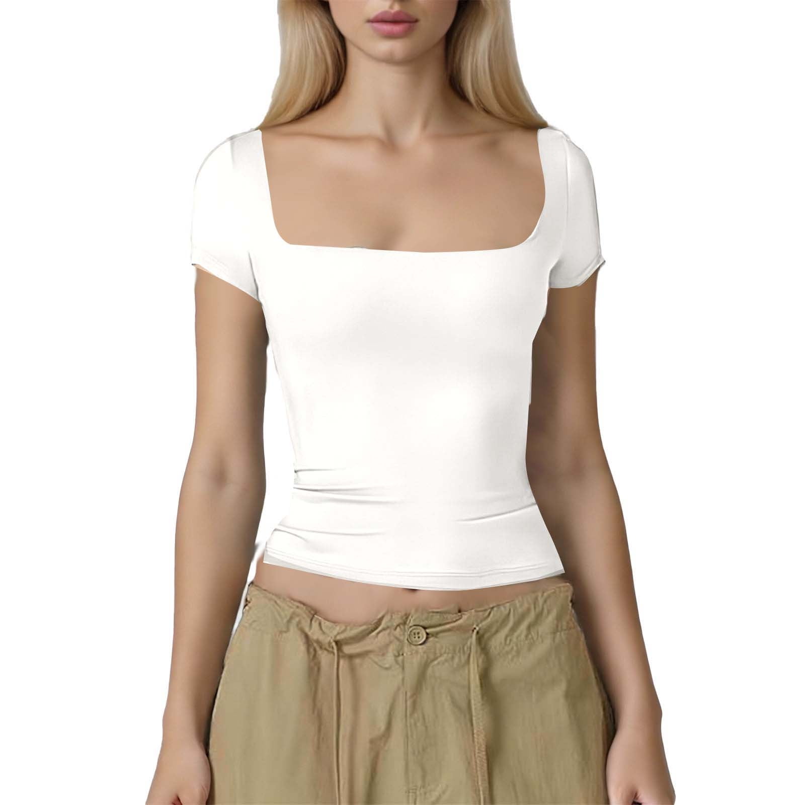 Brglopf Womens Short Sleeve T Shirts Summer Casual Square Neck Crop ...