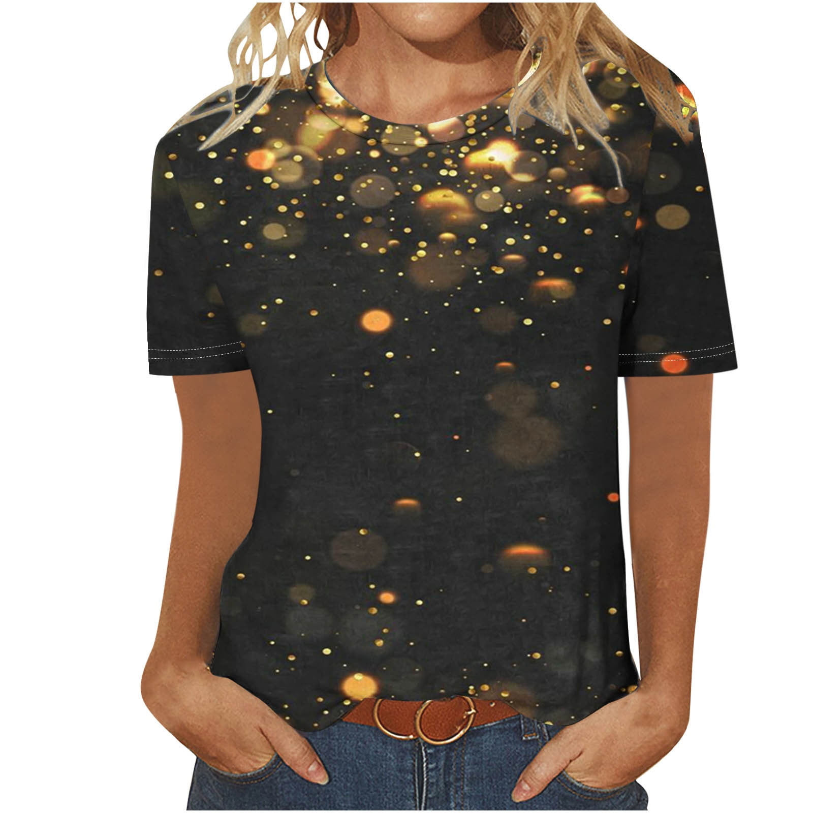 Brglopf Womens Summer Tops Short Sleeve Sequin Print Sparkle Shirts