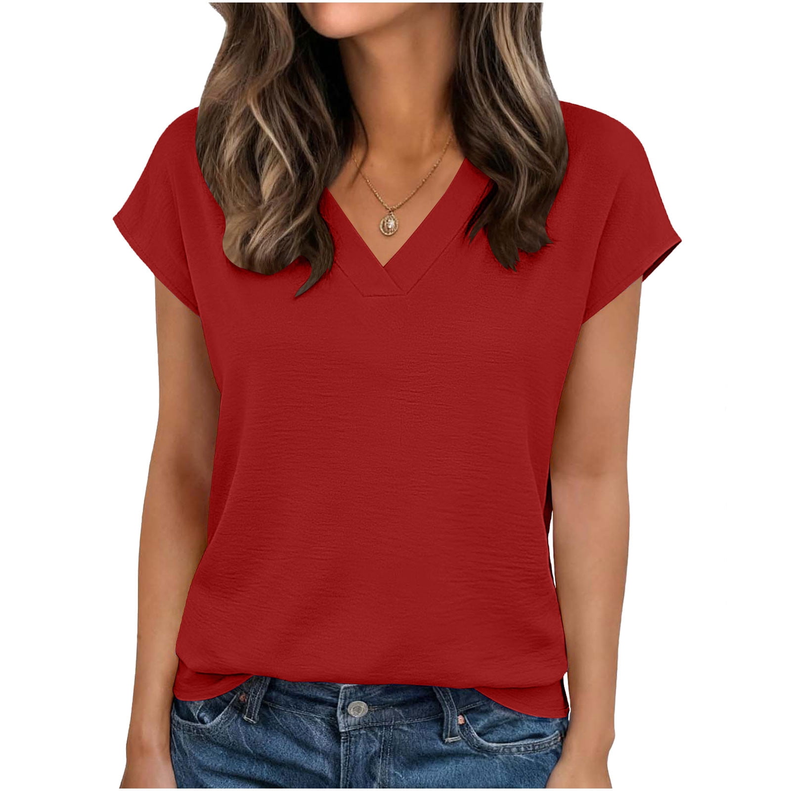 Brglopf Womens Tops Cap Short Sleeve Basic Textured Blouse V Neck ...