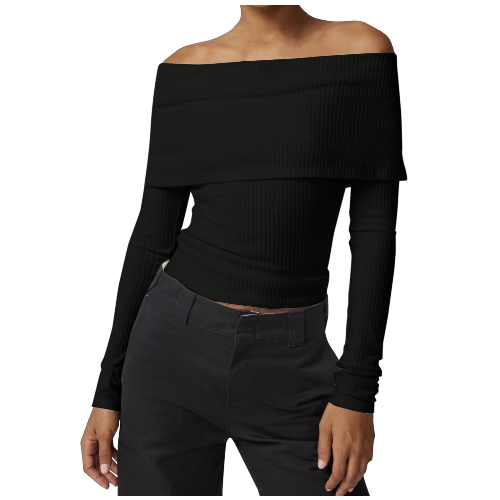 Brglopf Womens Y2k Off Shoulder Crop Top Sexy Tight Long Sleeve Rib