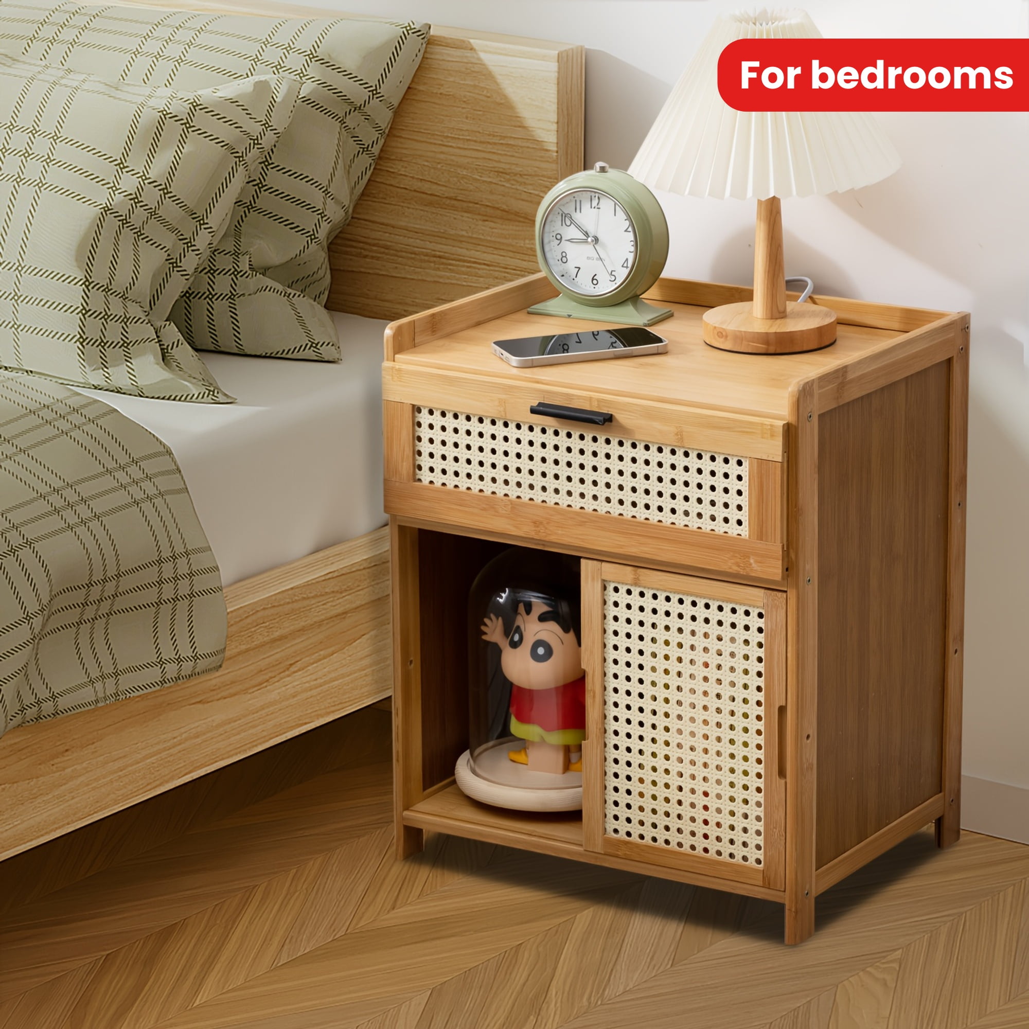 BriGen Tech Boho Vibe Nightstand with Drawer and Rattan Pattern Sliding ...