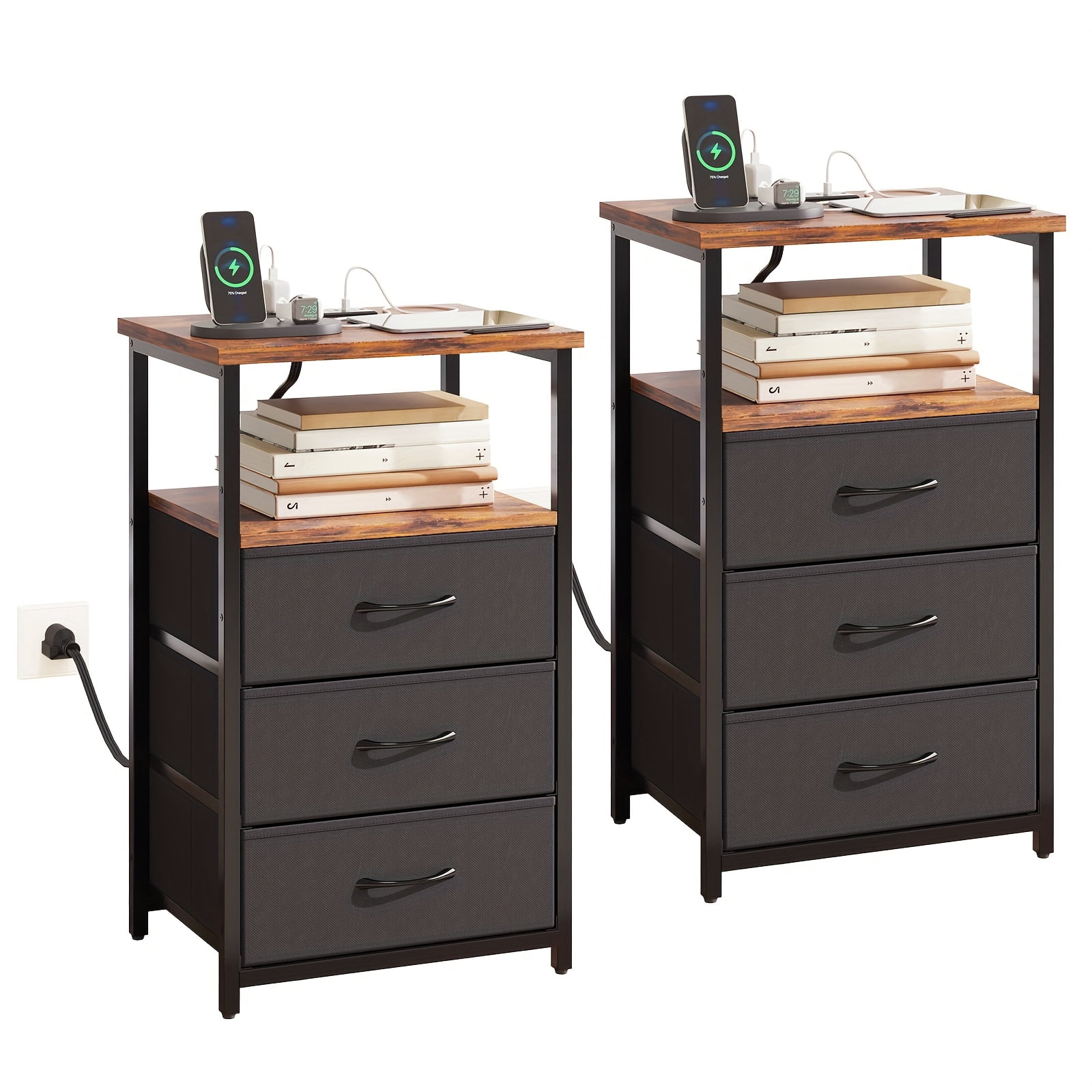 BriGen Tech Nightstand Set - 2-Pack with Charging Station & 3 Fabric ...