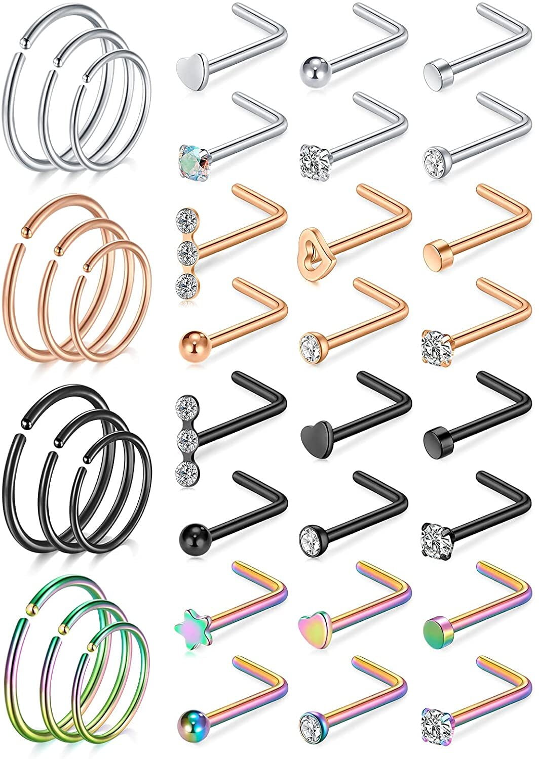 Briana Williams 20G Steel Nose Ring Set, L-Shaped Multi-Color Studs ...