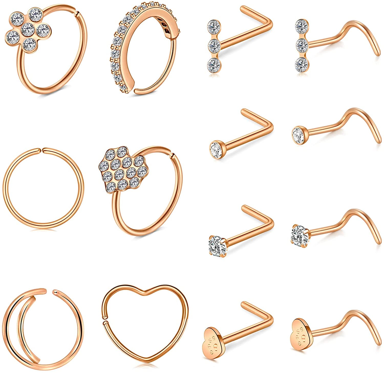 Briana Williams Diamond CZ Nose Rings Set, 20G Screw and L Shaped Studs ...