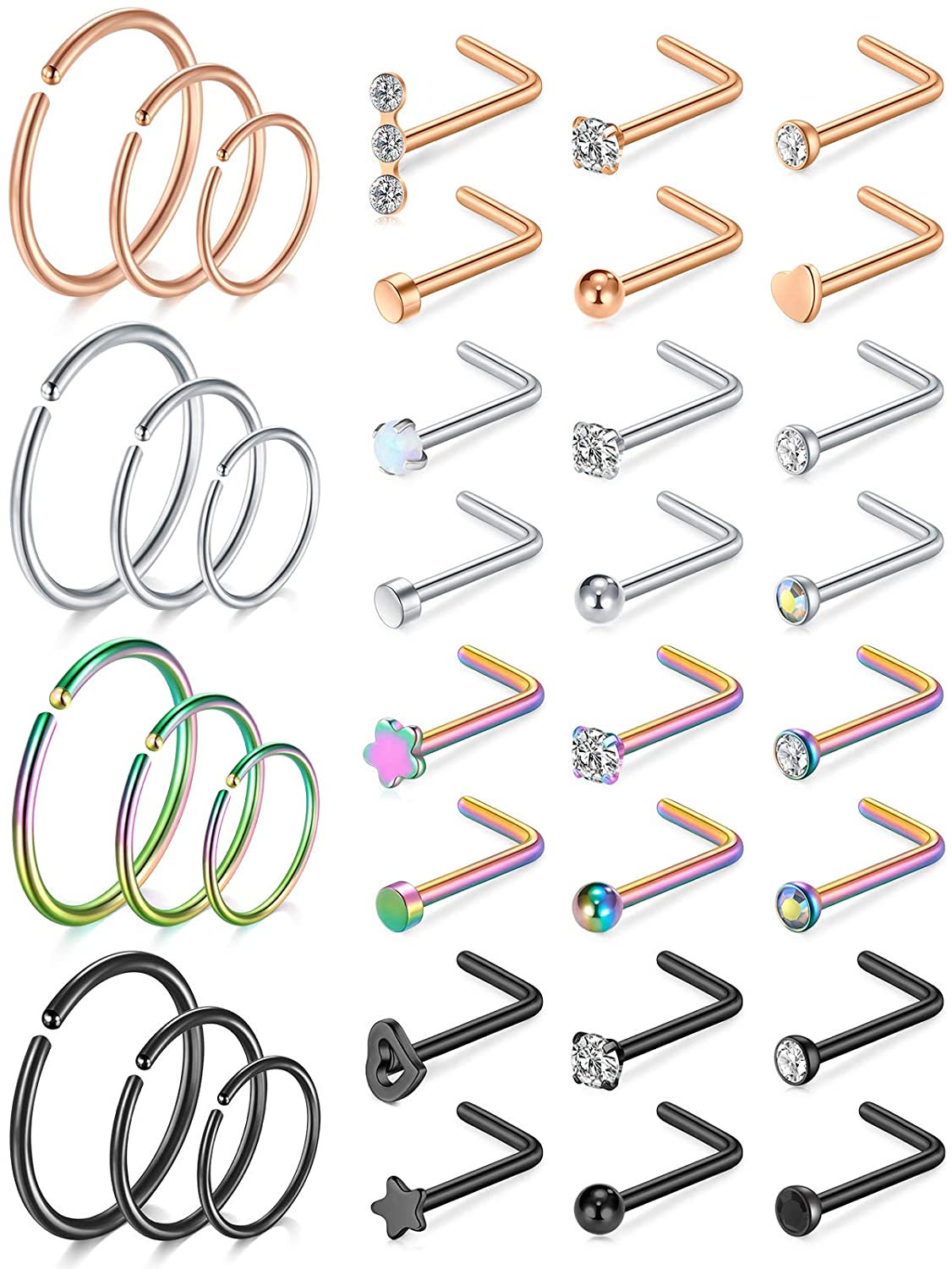 Nose Ring Stud L Shape Bend Screw 20G Steel Piercing 3 CZ Nose Crawler ...